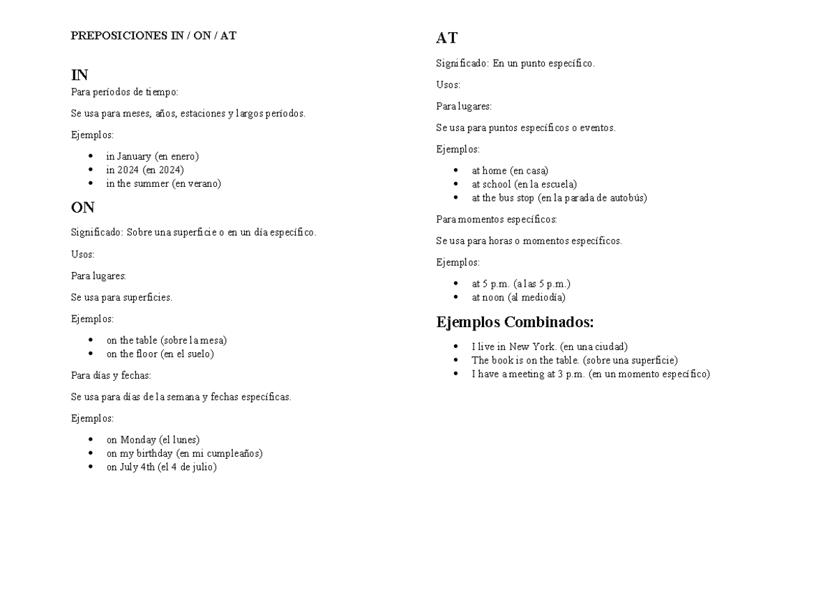 Gramatica Basica A2 y Ejercicios - PREPOSICIONES IN / ON / AT IN Para períodos de tiempo: Se usa ...