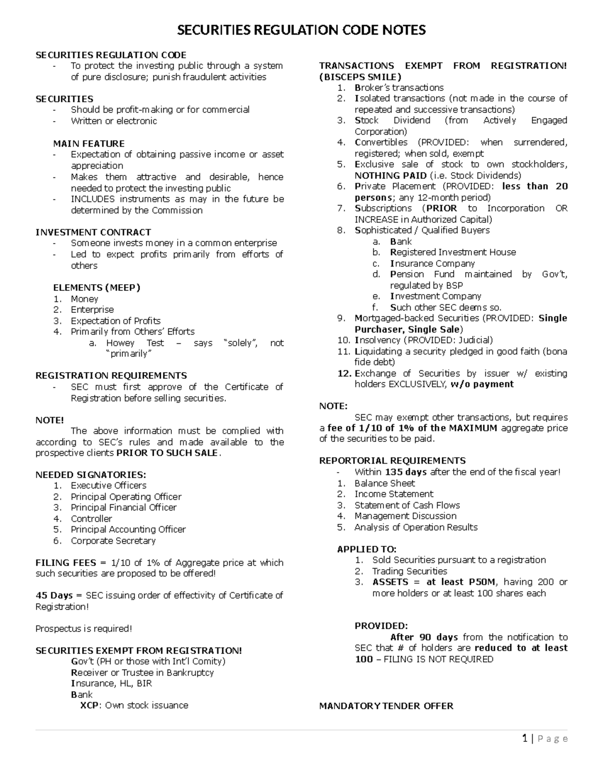 SRC notes - zzzz - SECURITIES REGULATION CODE To protect the investing ...