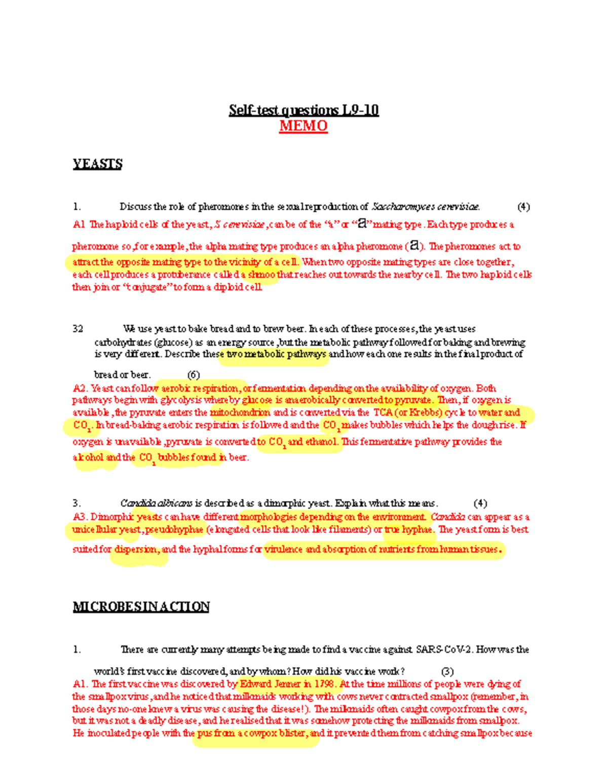Self test questions Memo L9-10 - Self-test questions L 9 - MEMO YEASTS ...