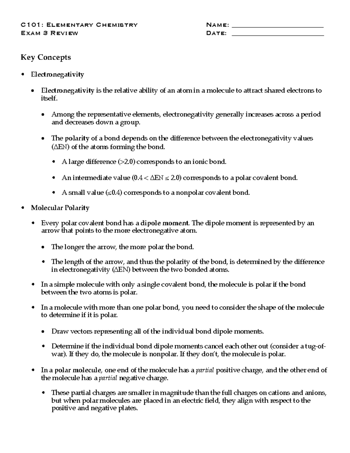 Cumulative Review Sheet - C101: Elementary Chemistry Name ...