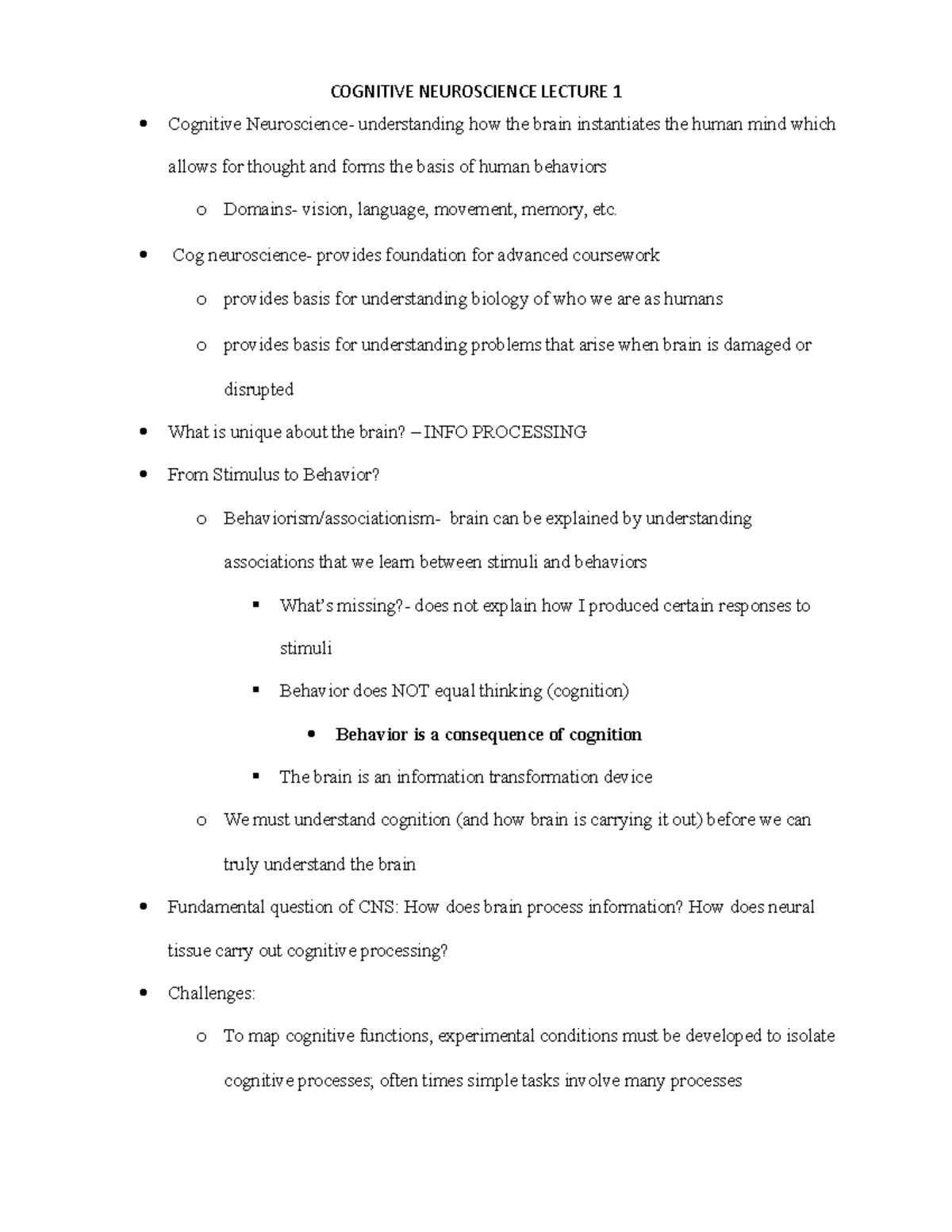 Cog Neuro Lecture 1 - Cognitive Neuroscience- understanding how the ...
