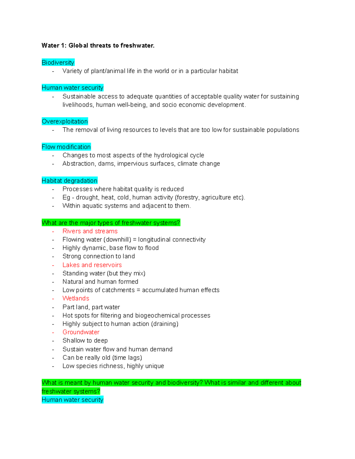 Envsci notes - Water 1: Global threats to freshwater. Biodiversity ...