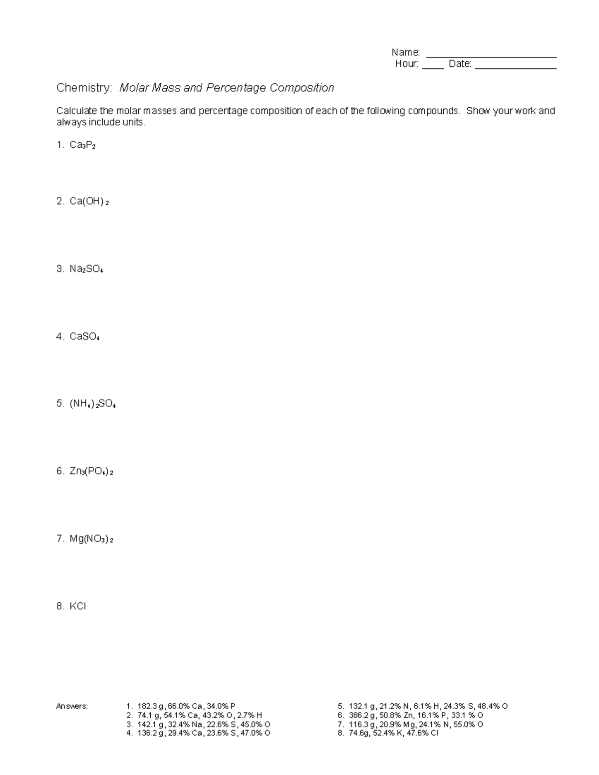 Molar Mass Percent key - Chemistry Answers - Name ...