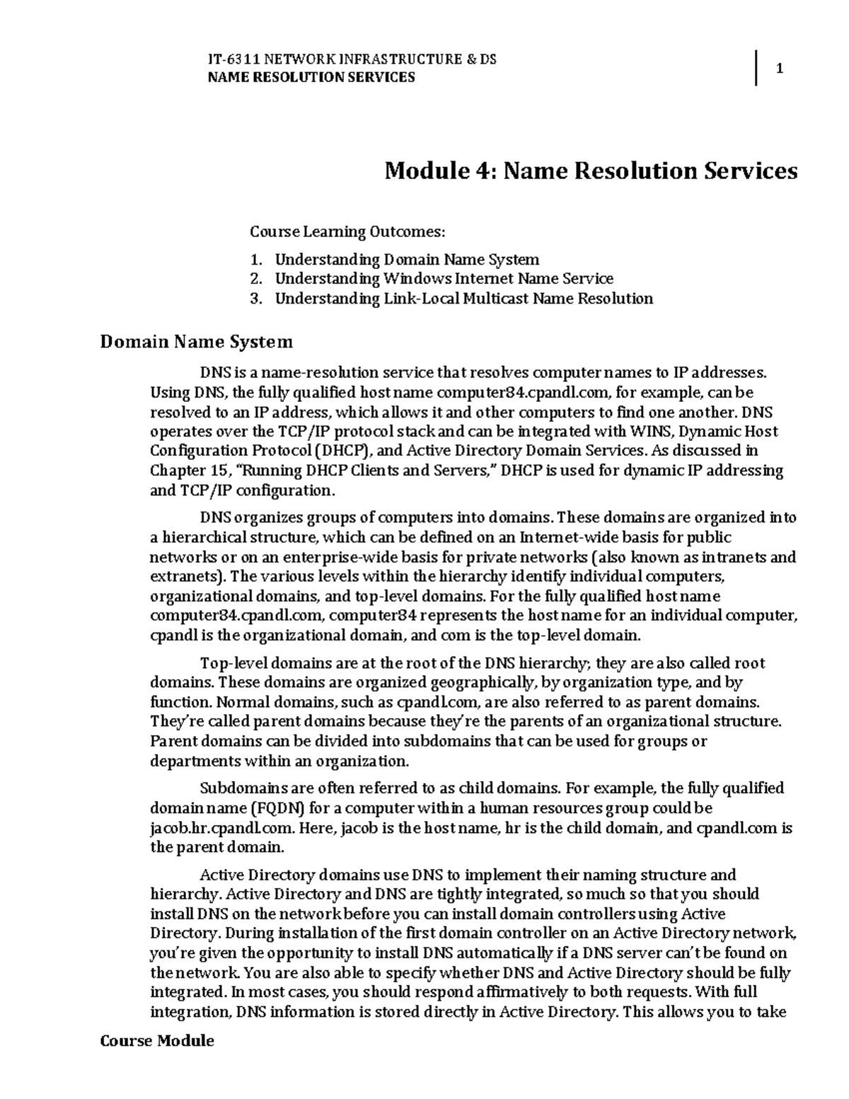 W002 Lesson 4 Name Resolution Services - Module - IT-6311 NETWORK INFRASTRUCTURE & DS NAME - StuDocu