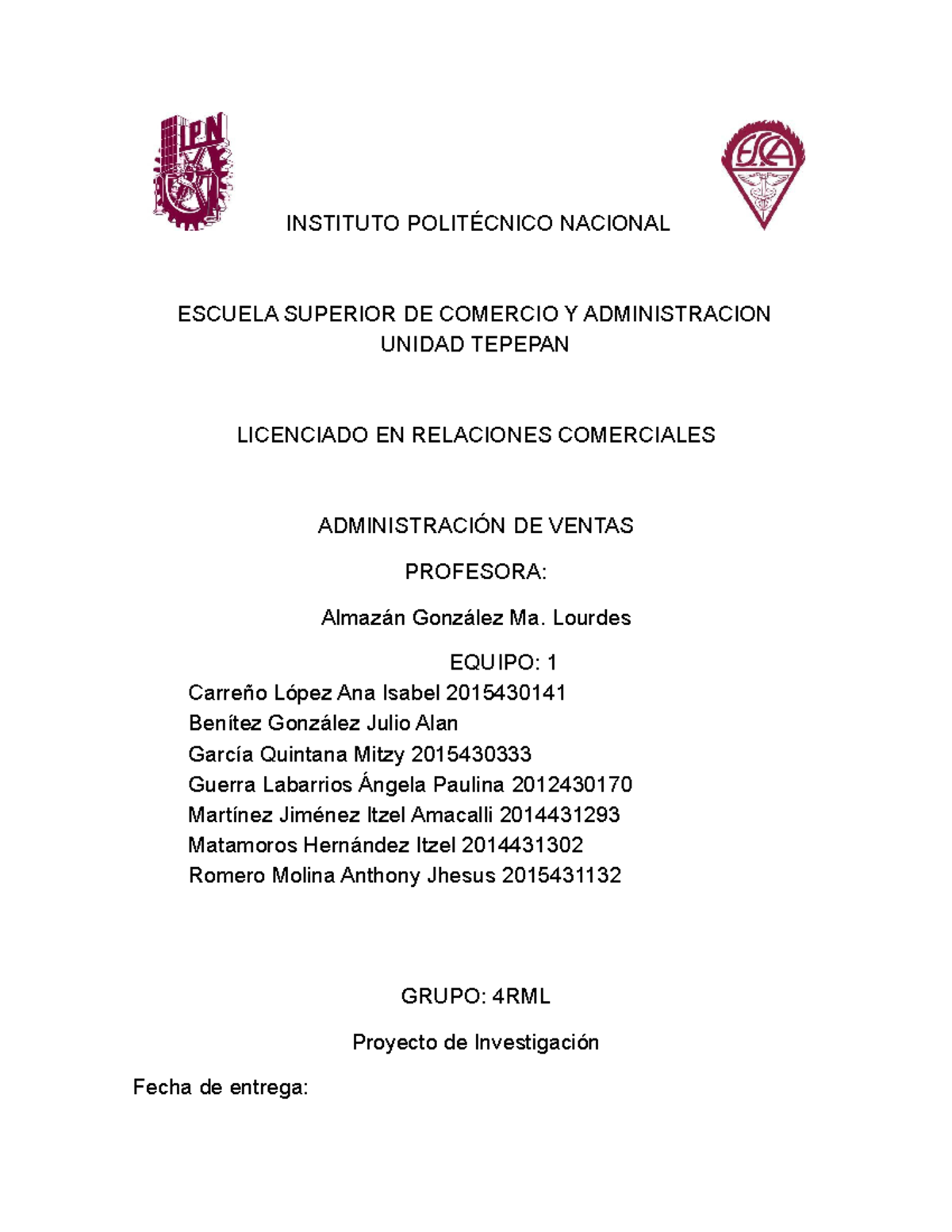 Administracion de ventas proyecto-2 - INSTITUTO POLITÉCNICO NACIONAL ...