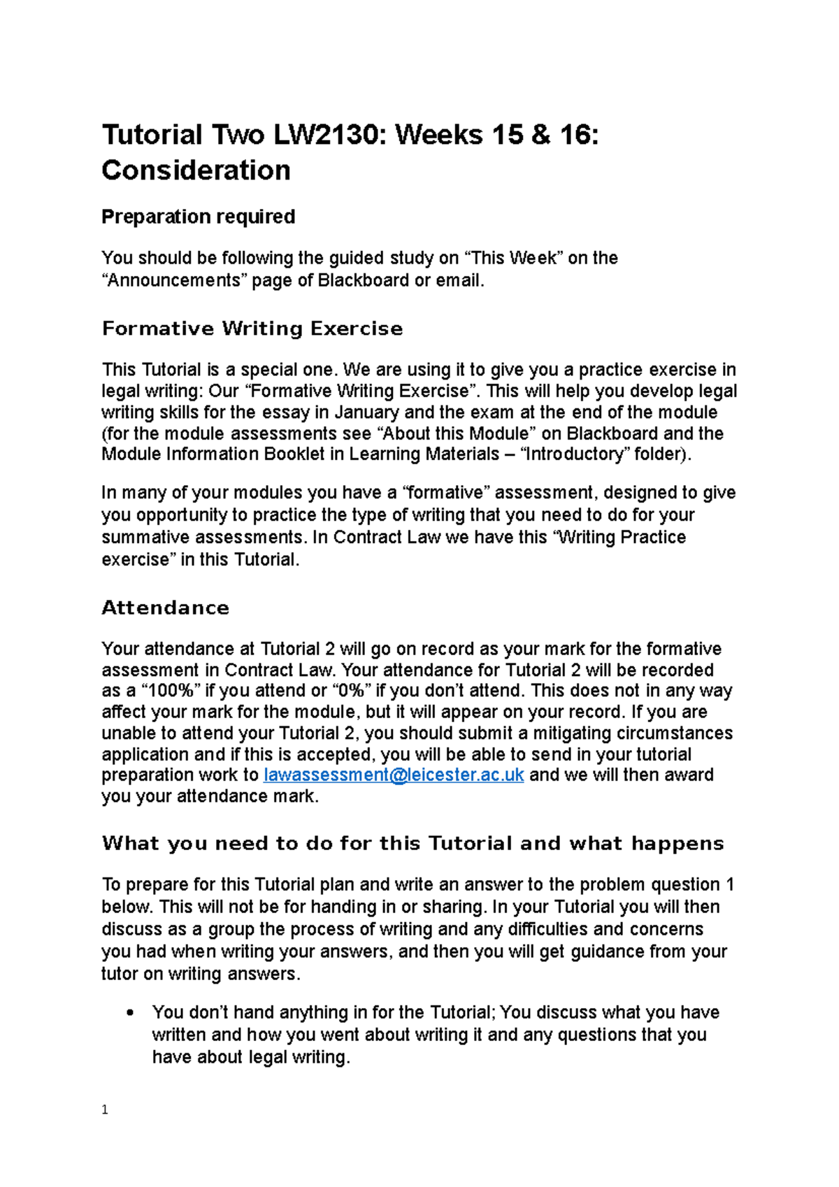 Tutorial 2 - Tutorial Two LW2130: Weeks 15 & 16: Consideration Preparation required You should ...