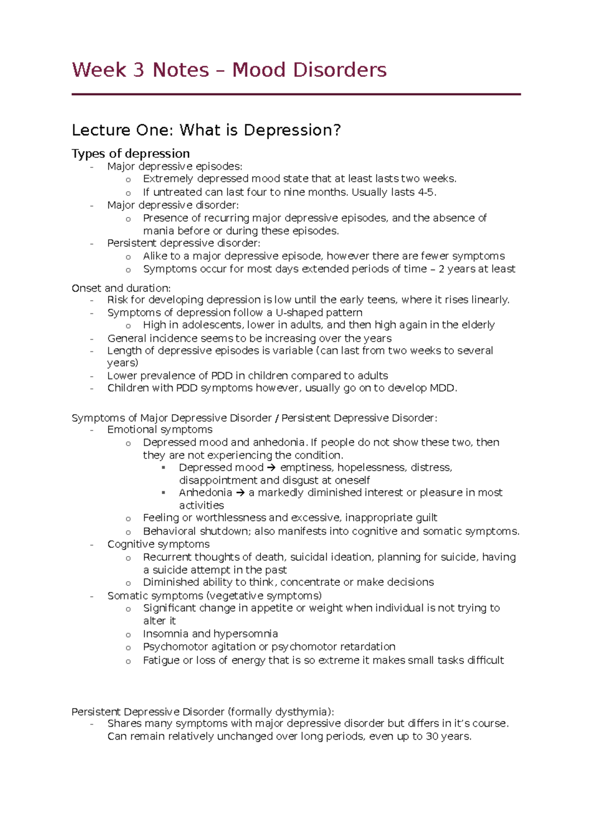 Week-3-Notes OF ALL THE - Week 3 Notes – Mood Disorders Lecture One ...