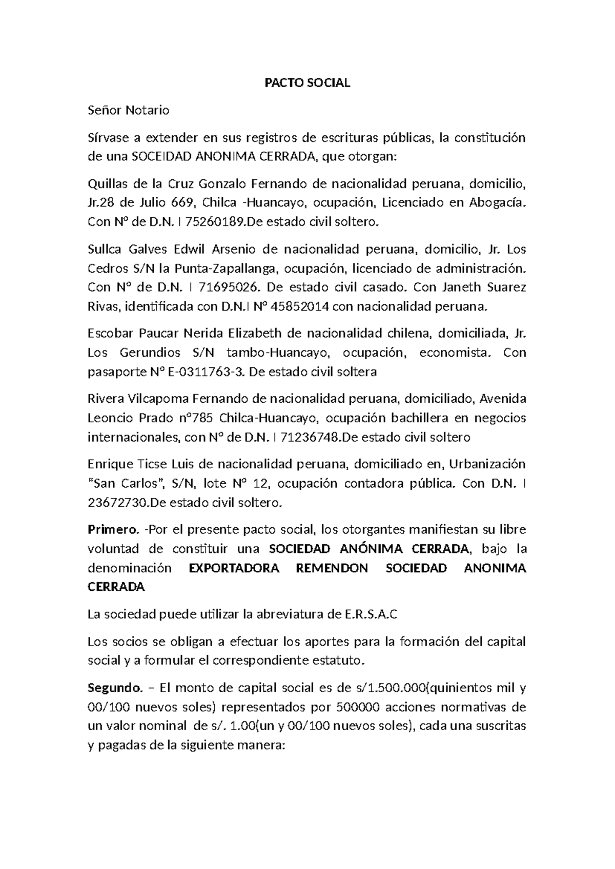 Pacto Social - MInuta pára la creacion de una empresa - PACTO SOCIAL ...