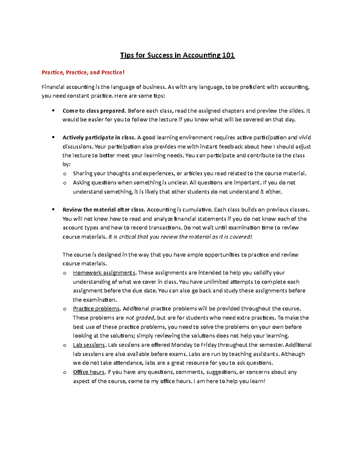 Tips for Success in ACCT 101 - Tips for Success in Accounting 101 ...