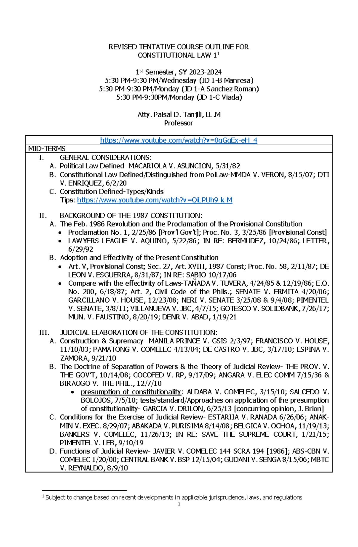 Const 1 Revised Tentative Course Outline - REVISED TENTATIVE COURSE ...