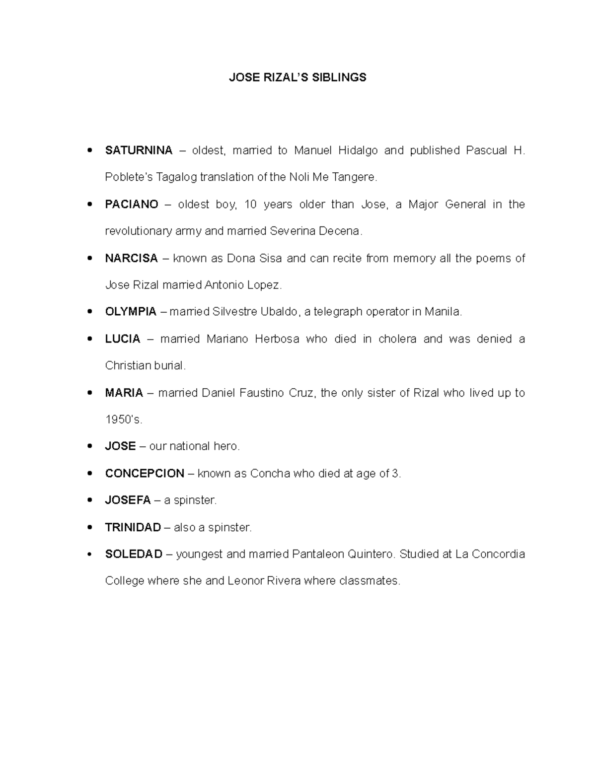 Jose Rizal’s Siblings - JOSE RIZAL’S SIBLINGS SATURNINA – oldest ...