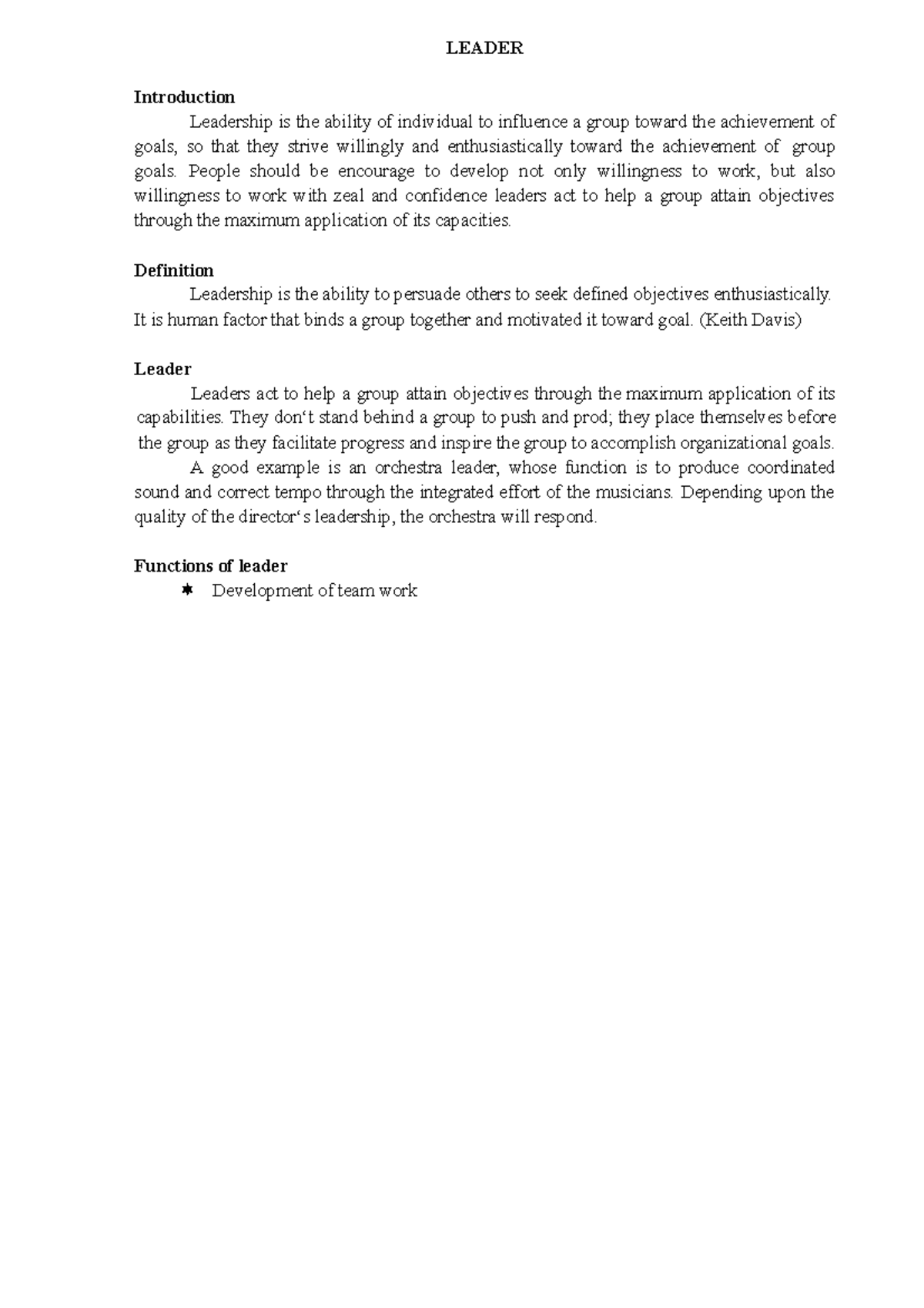 qualities of Leader - LEADER Introduction Leadership is the ability of ...