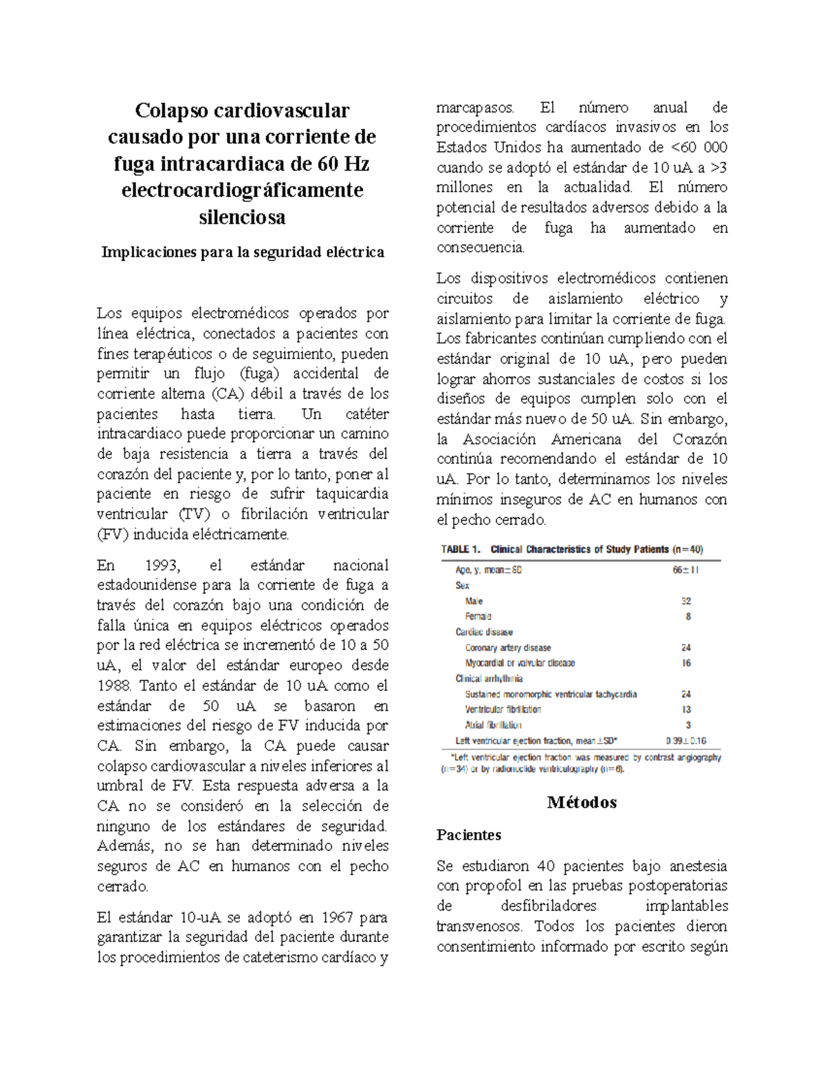 Colapso cardiovascular causado por una corriente de fuga intracardiaca ...