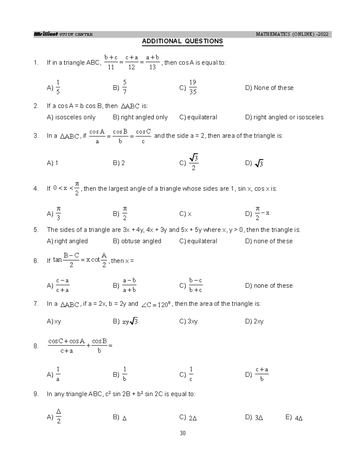 Trigonometry additional questions - ADDITIONAL QUESTIONS If in a ...