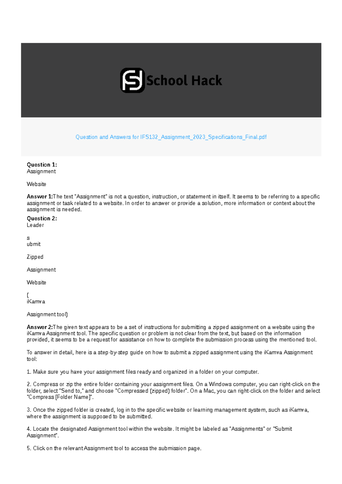 IFS132 Assignment 2023 Specifications Final.pdf Summarization report - Question and Answers for ...