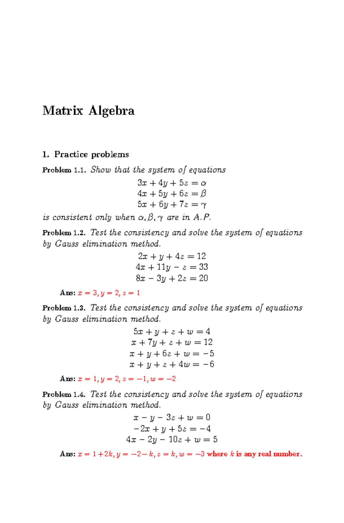 Practice Problems - Solution of system of equations-1 - Matrix Algebra Practice problems Problem ...