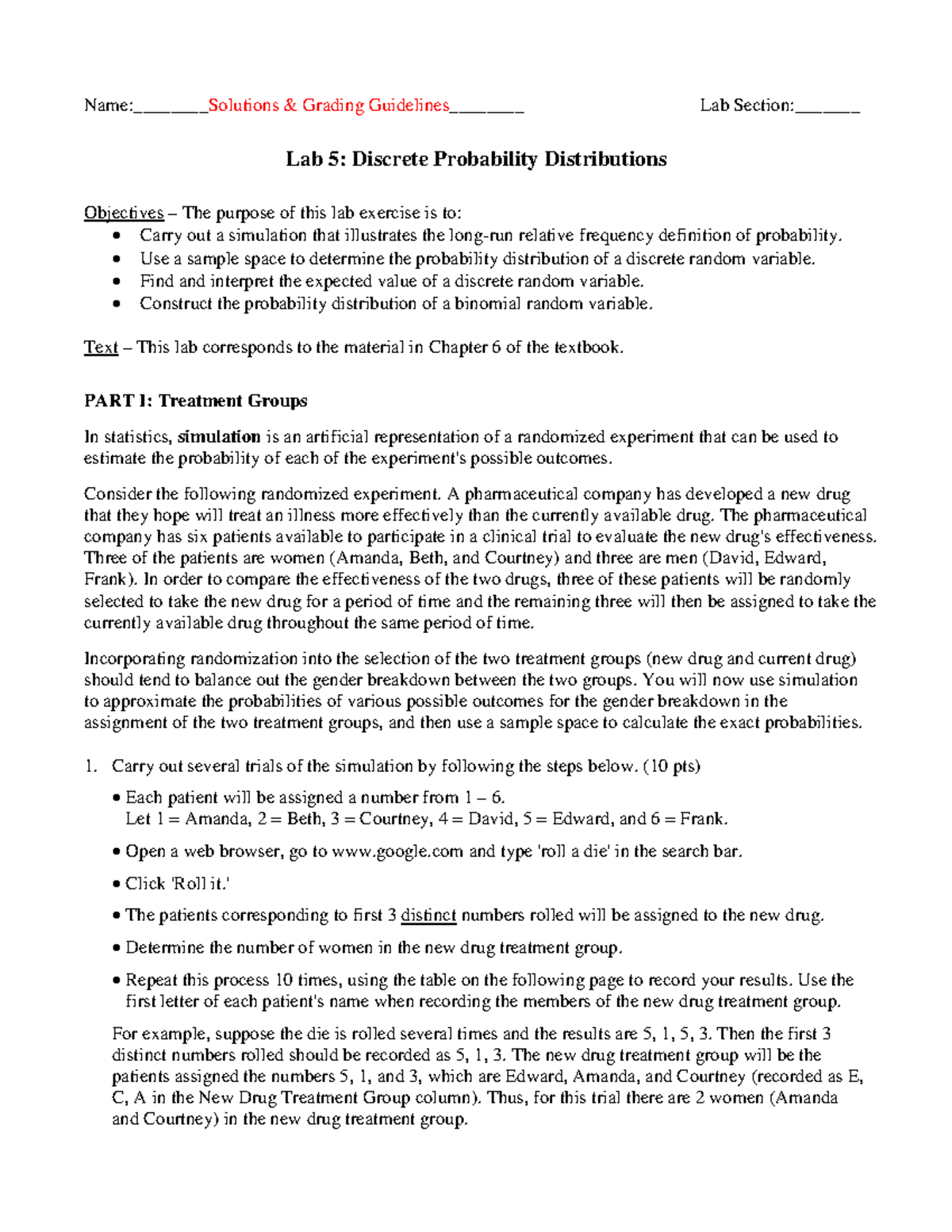 Lab 5 - Discrete Distributions - Solutions - Name:Solutions & Grading Guidelines Lab - Studocu