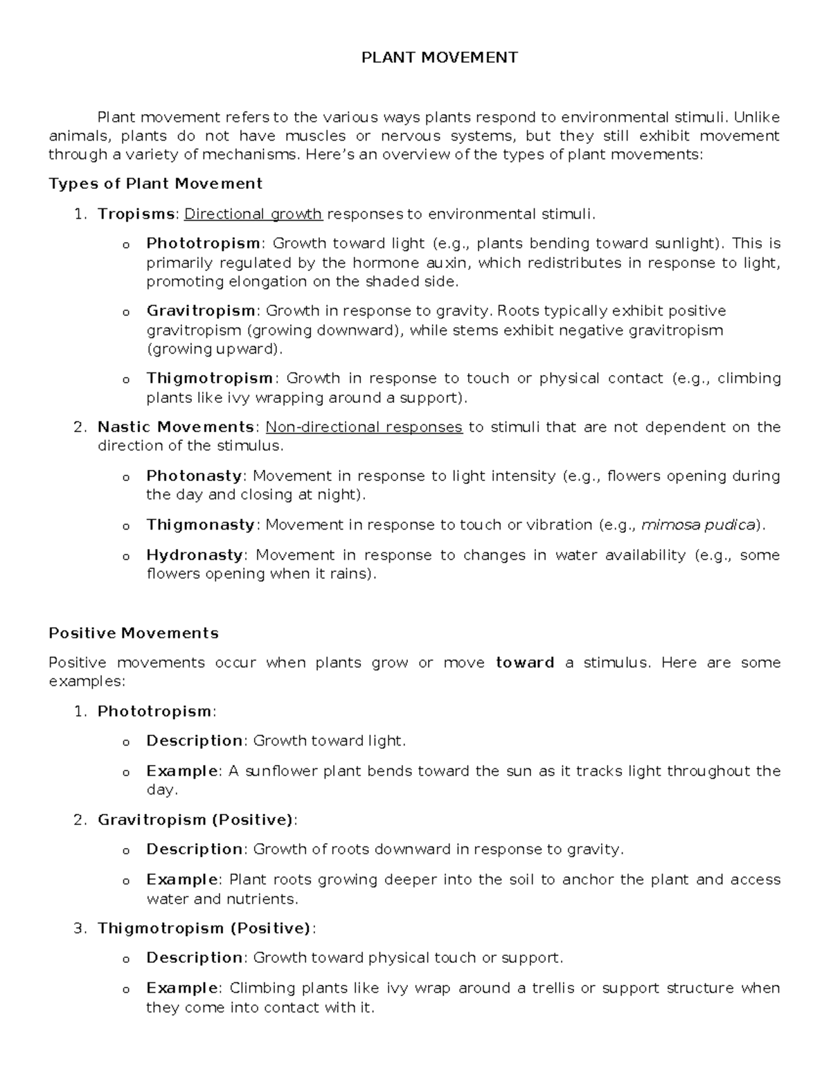 Plant movement-1 - notes - PLANT MOVEMENT Plant movement refers to the ...