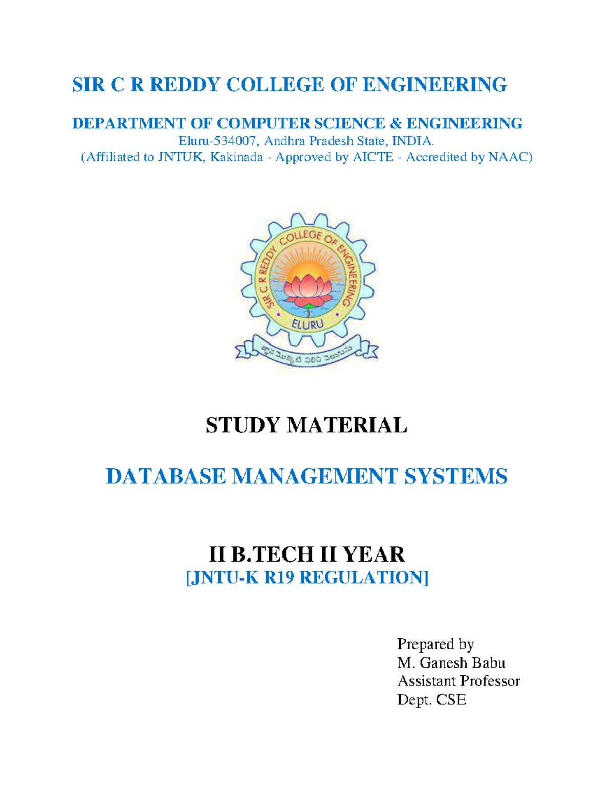 Database management systems material - SIR C R REDDY COLLEGE OF ...