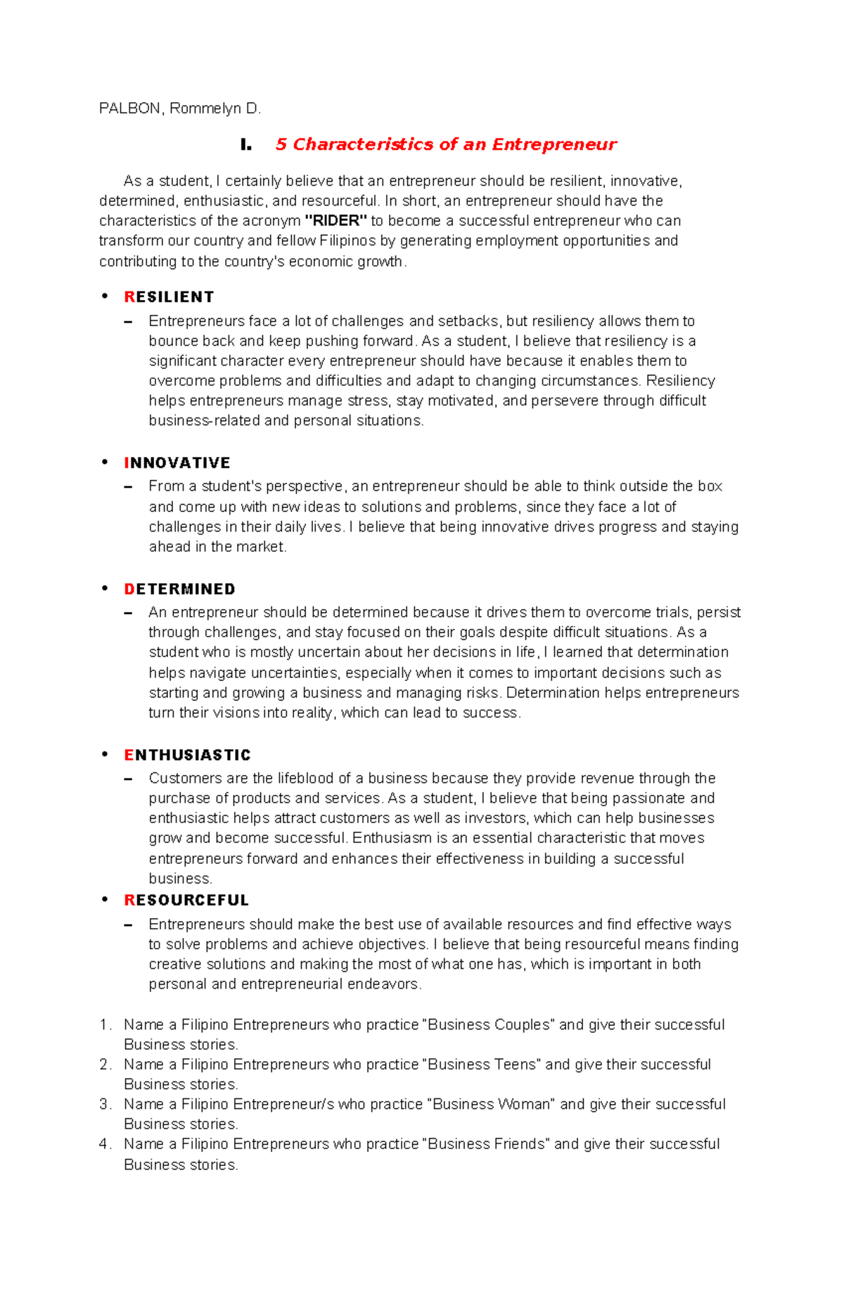 Entrep MG4 - notes - PALBON, Rommelyn D. I. 5 Characteristics of an ...