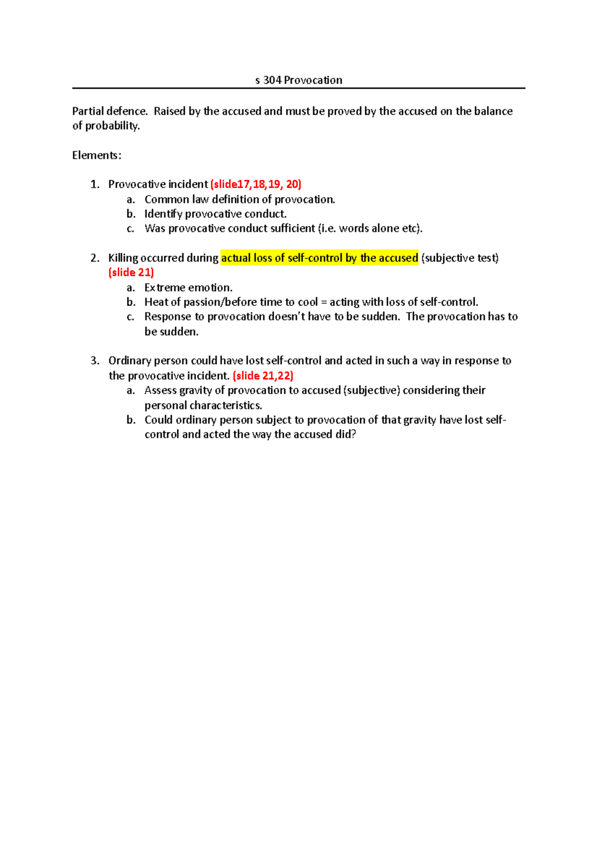 S 304 Provocation (Cheat Sheet) - s 304 Provocation Partial defence ...