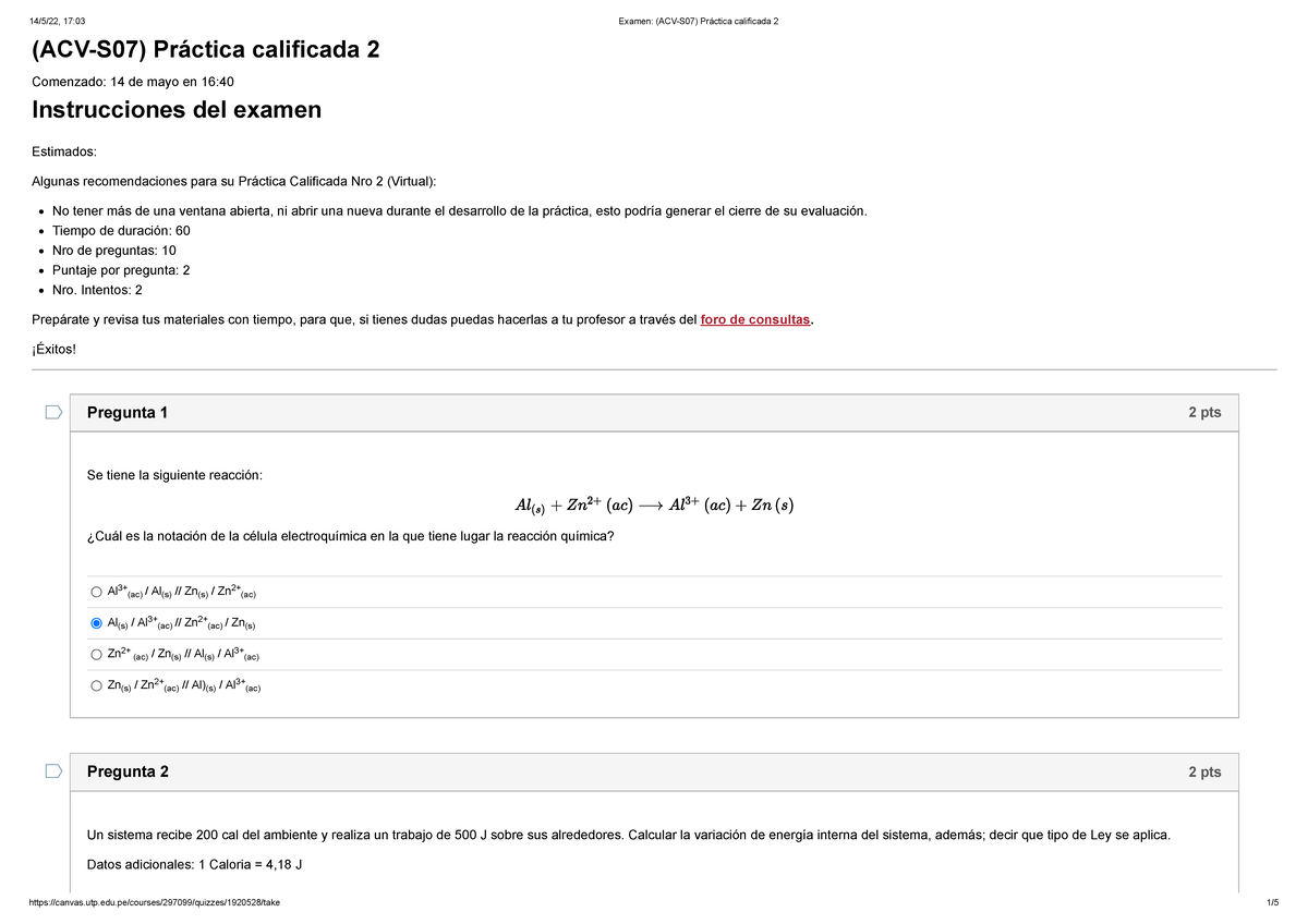 Examen (ACV-S07) Práctica calificada 2 - (ACV-S07) Práctica calificada 2 Comenzado: 14 de mayo ...