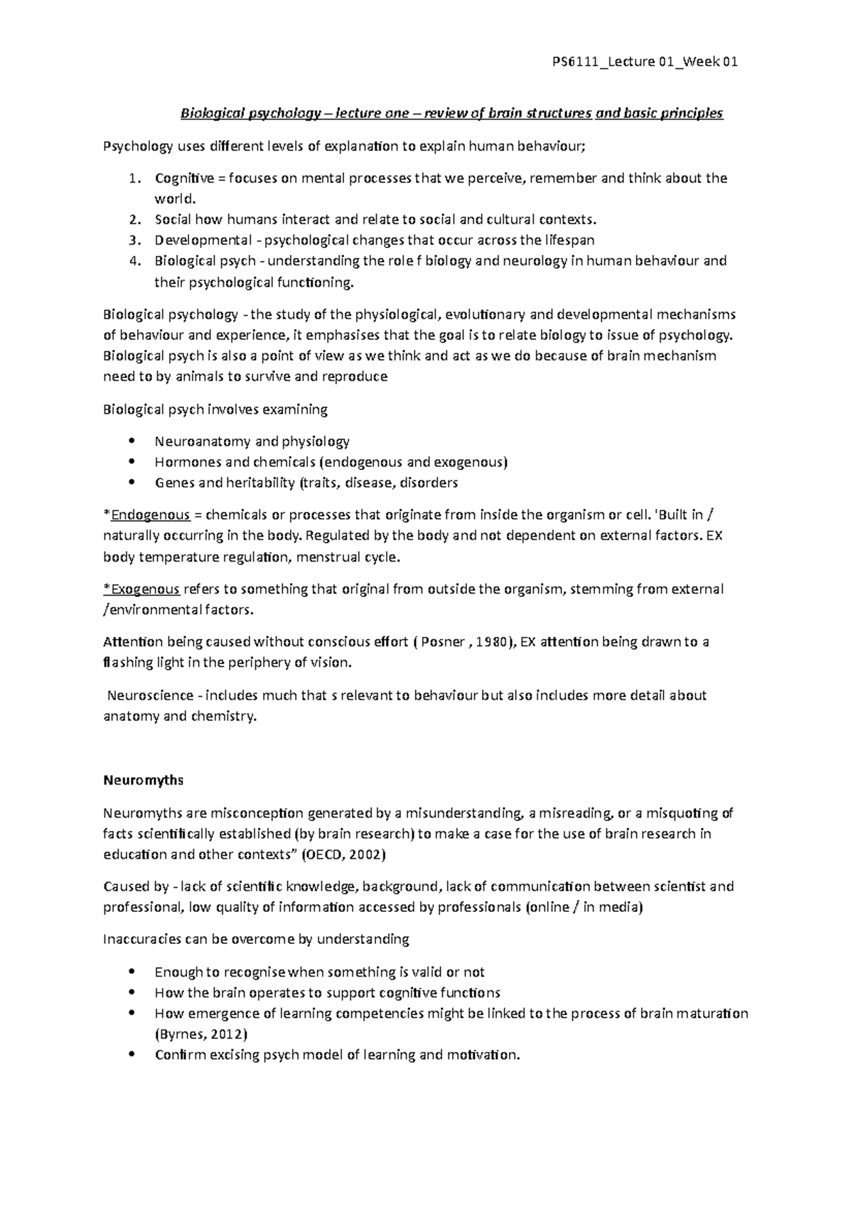 PS6111 Lecture 01 Week 01 - Biological psychology – lecture one ...