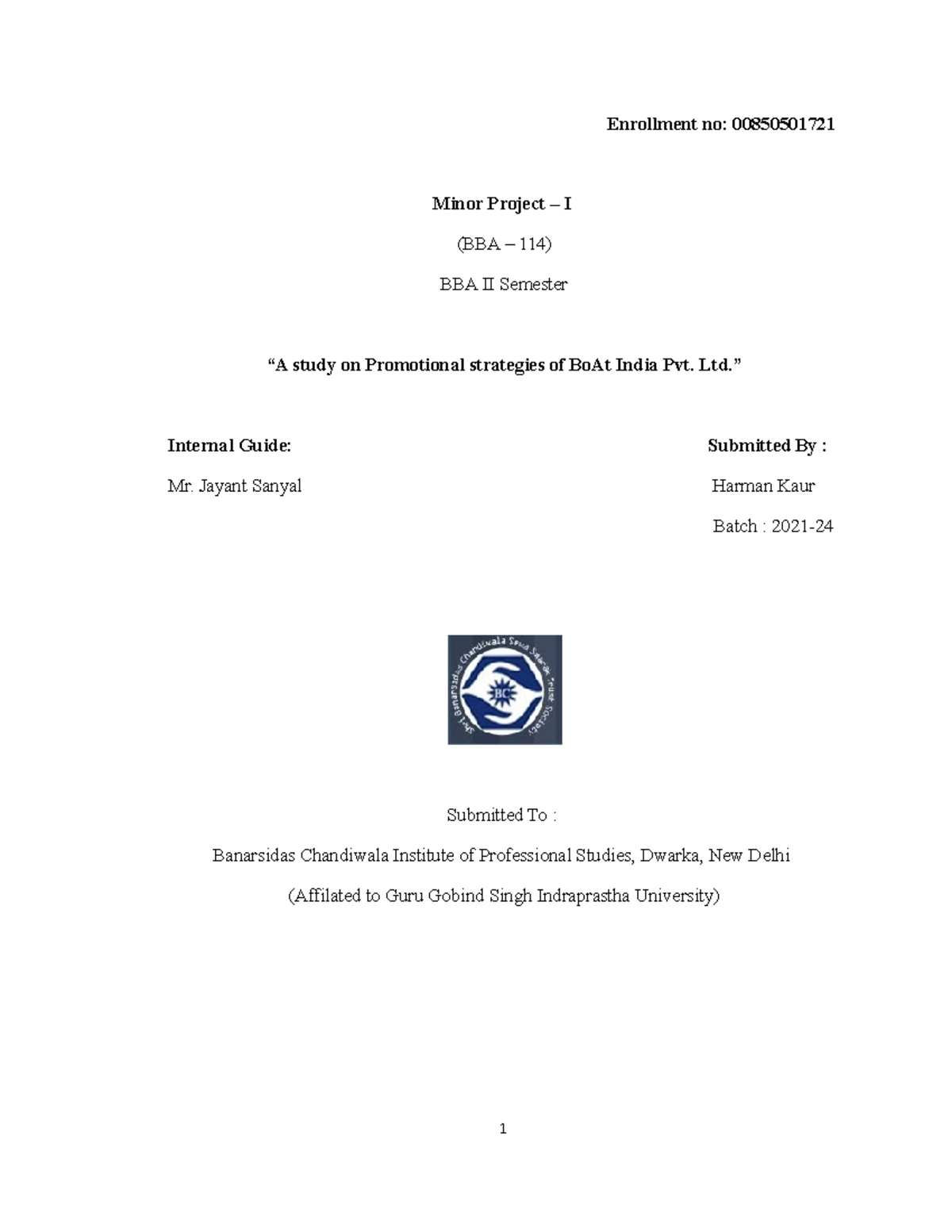 minor project by university guidelines - Enrollment no: 00850501721 ...