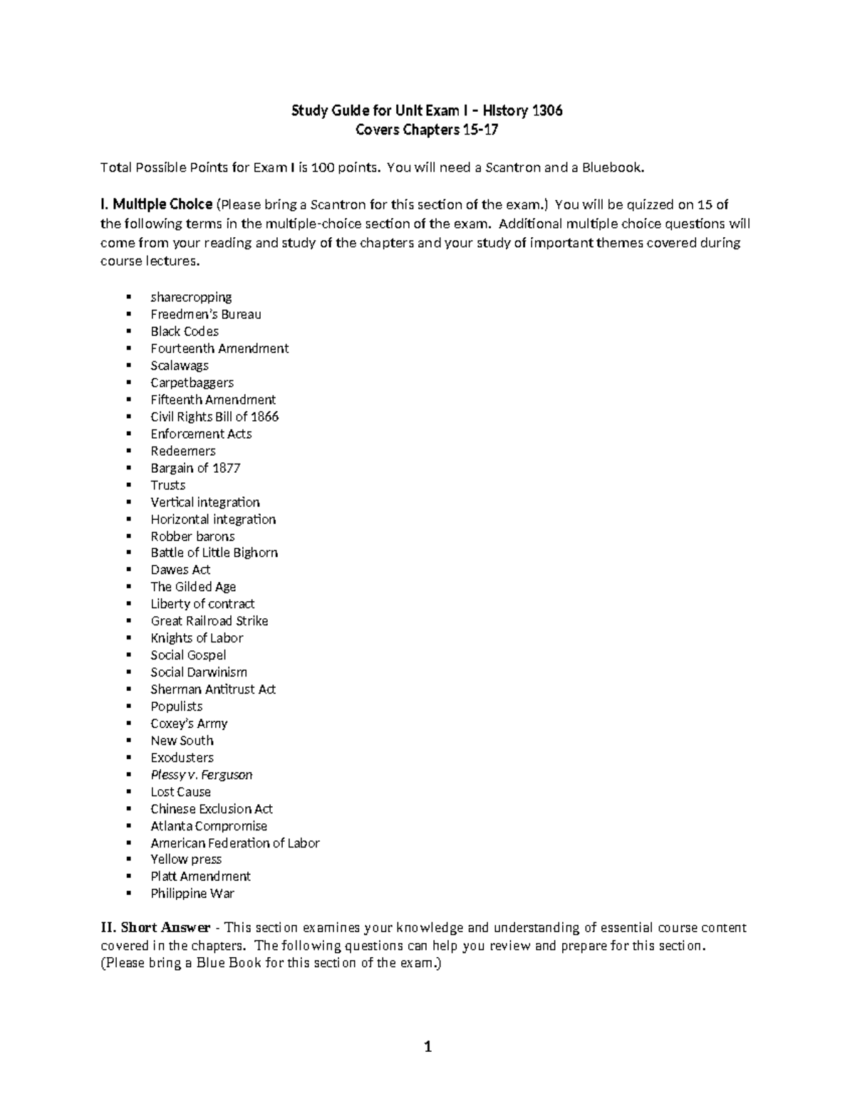 Study Guide for Unit Exam I – History 1306 - Study Guide for Unit Exam ...
