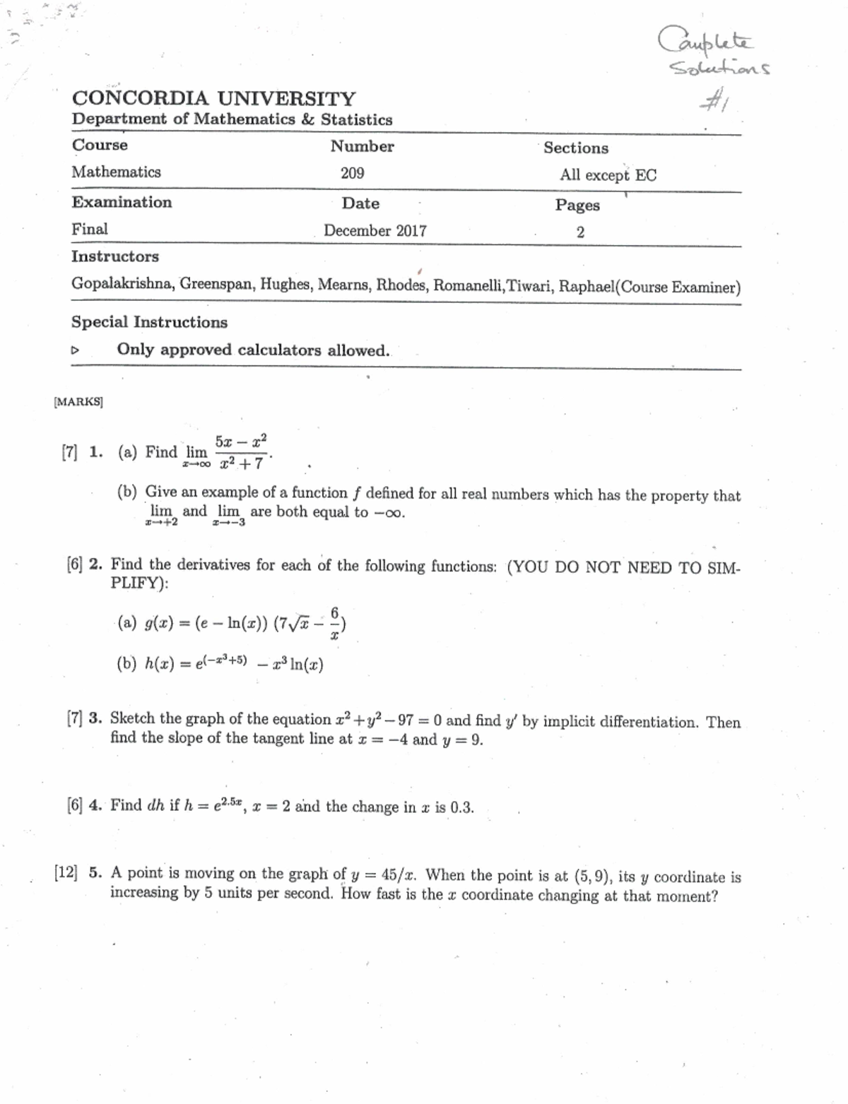 Final Calculus 1 Exam (with solutions) 2017 - MATH 209 - Studocu