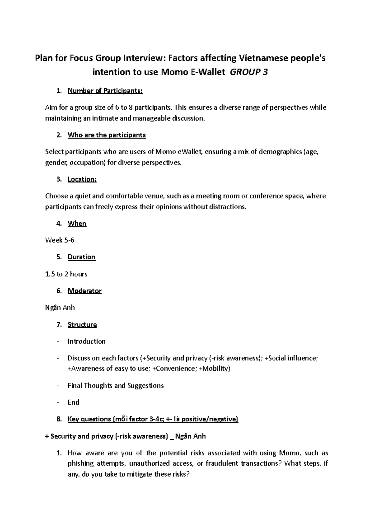 Plan%20itv - Brm focus group - Plan for Focus Group Interview: Factors affecting Vietnamese ...