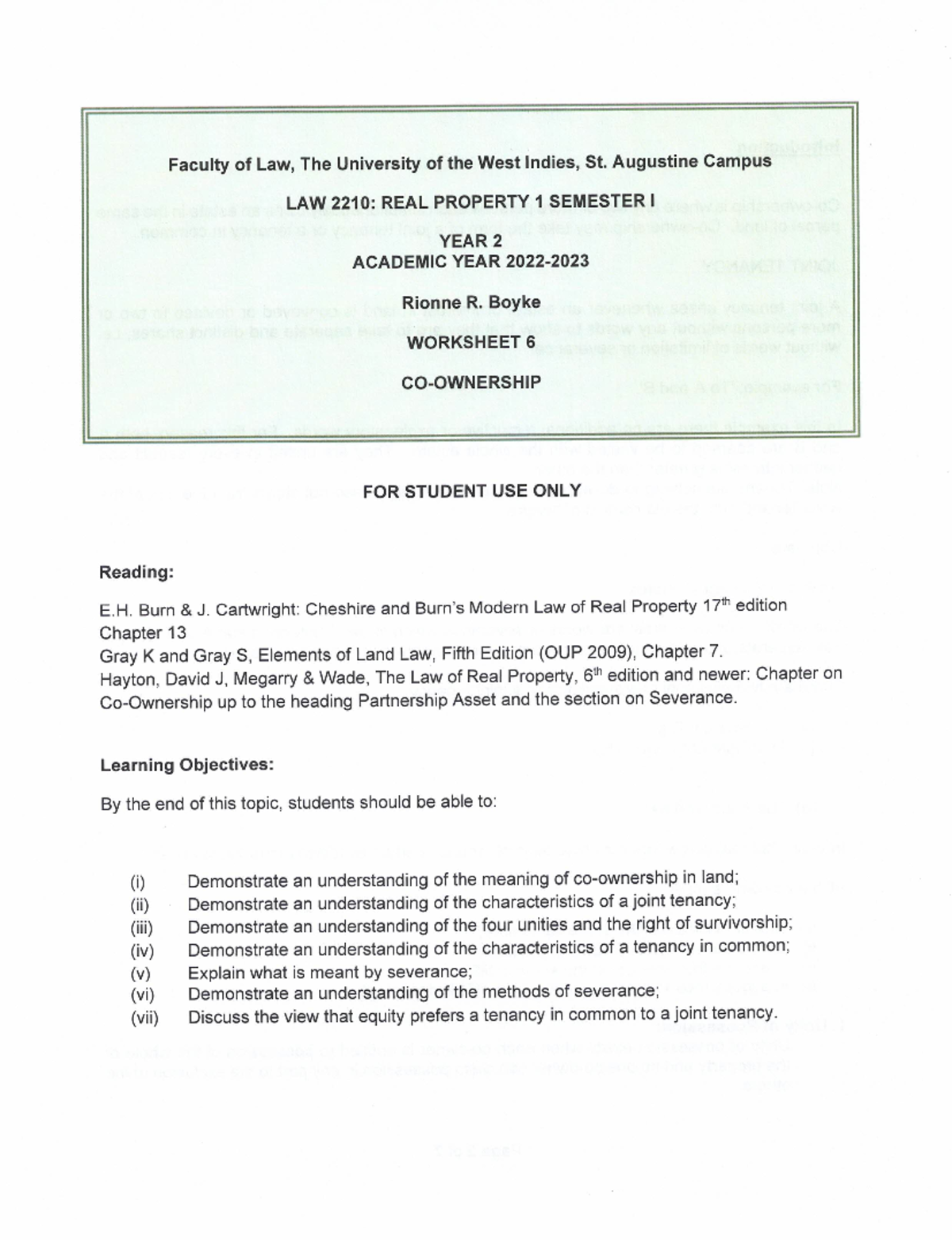 Faculty of Law LAW 2210 Real Property 1 Worksheet 6 Co-Ownership ...