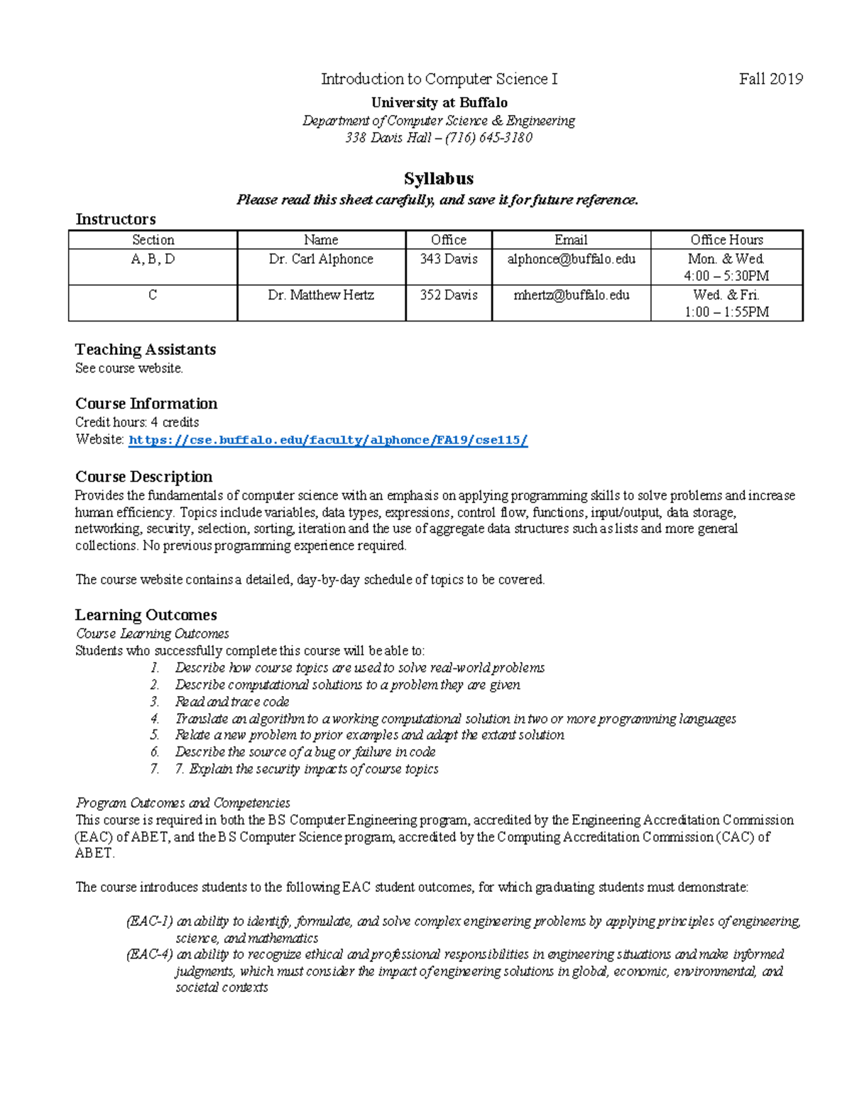 Syllabus-CSE115 - syllabus - Warning: TT: undefined function: 32 Introduction to Computer ...