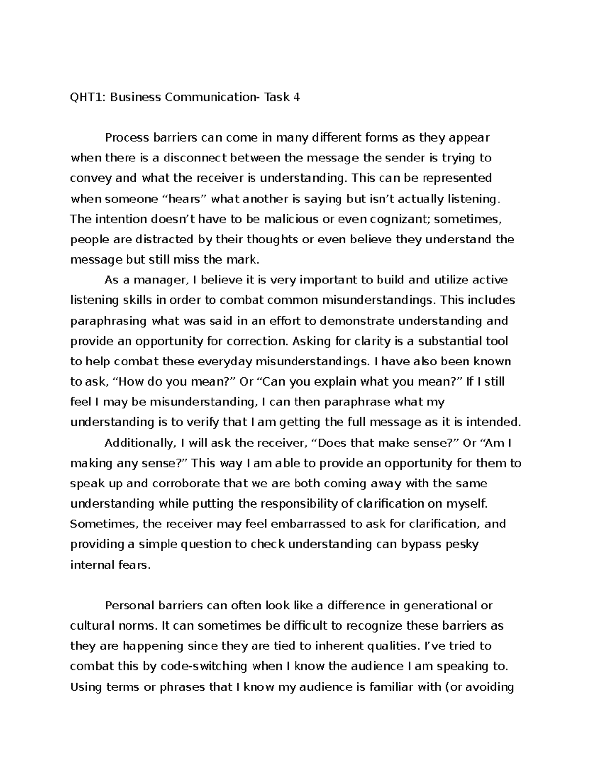 QHT1 Task 4 - Task 4 submitted and approved with no revisions - QHT1 ...