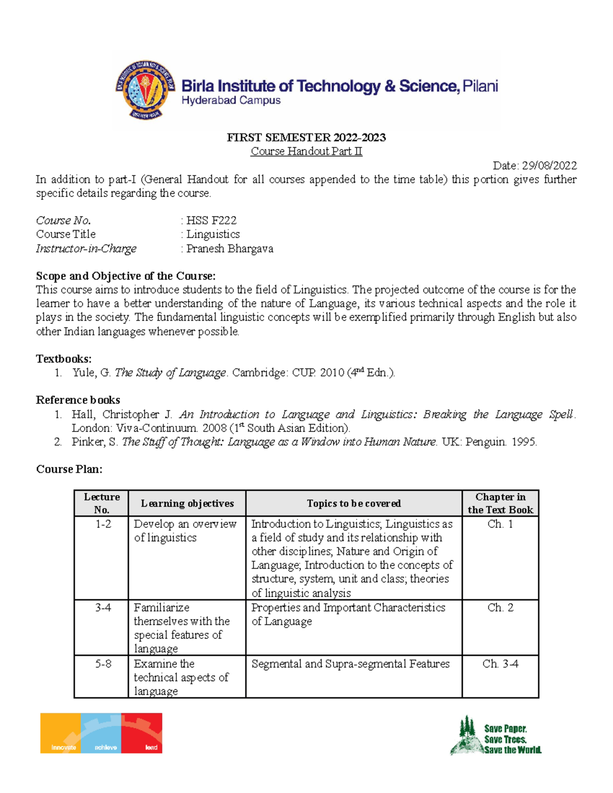 HSS F222 Linguistics Handout - FIRST SEMESTER 2022- Course Handout Part ...