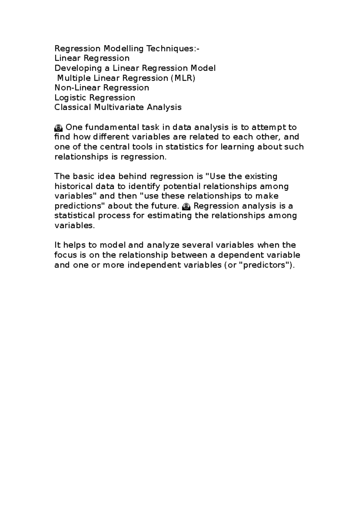 Da2 - different types of regression modelling techniques in brief - Regression Modelling - Studocu