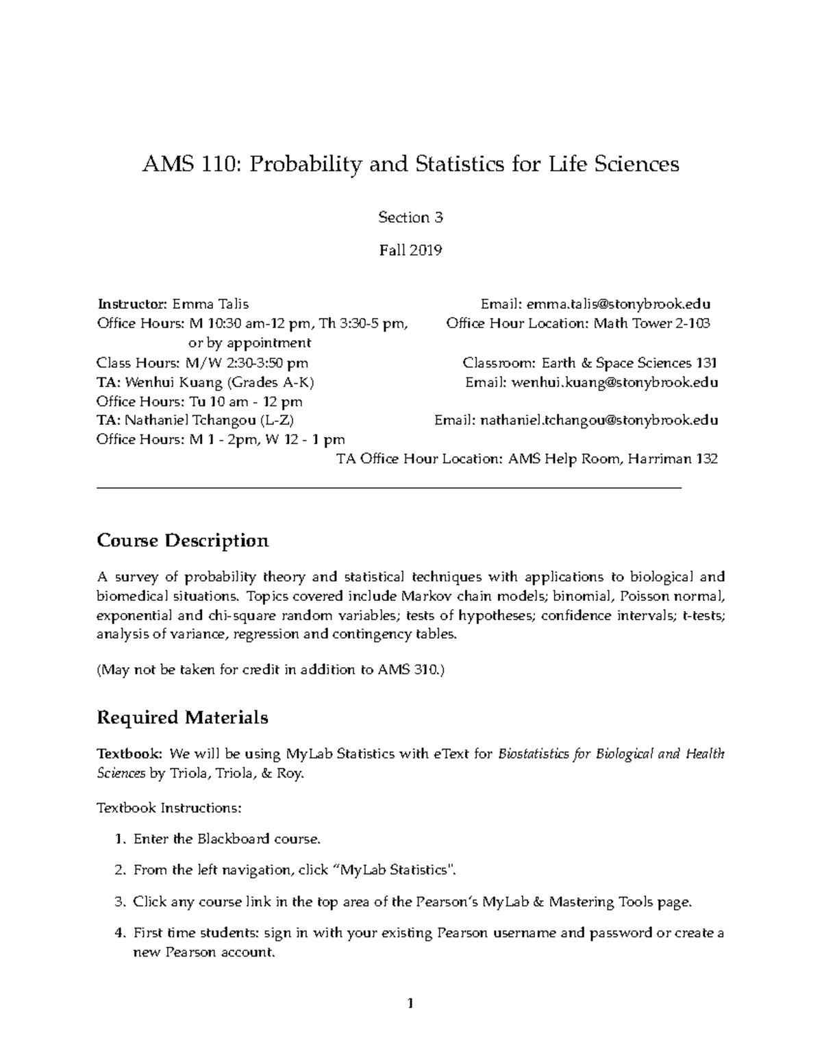 AMS 110 Syllabus Fall - AMS 110: Probability and Statistics for Life ...