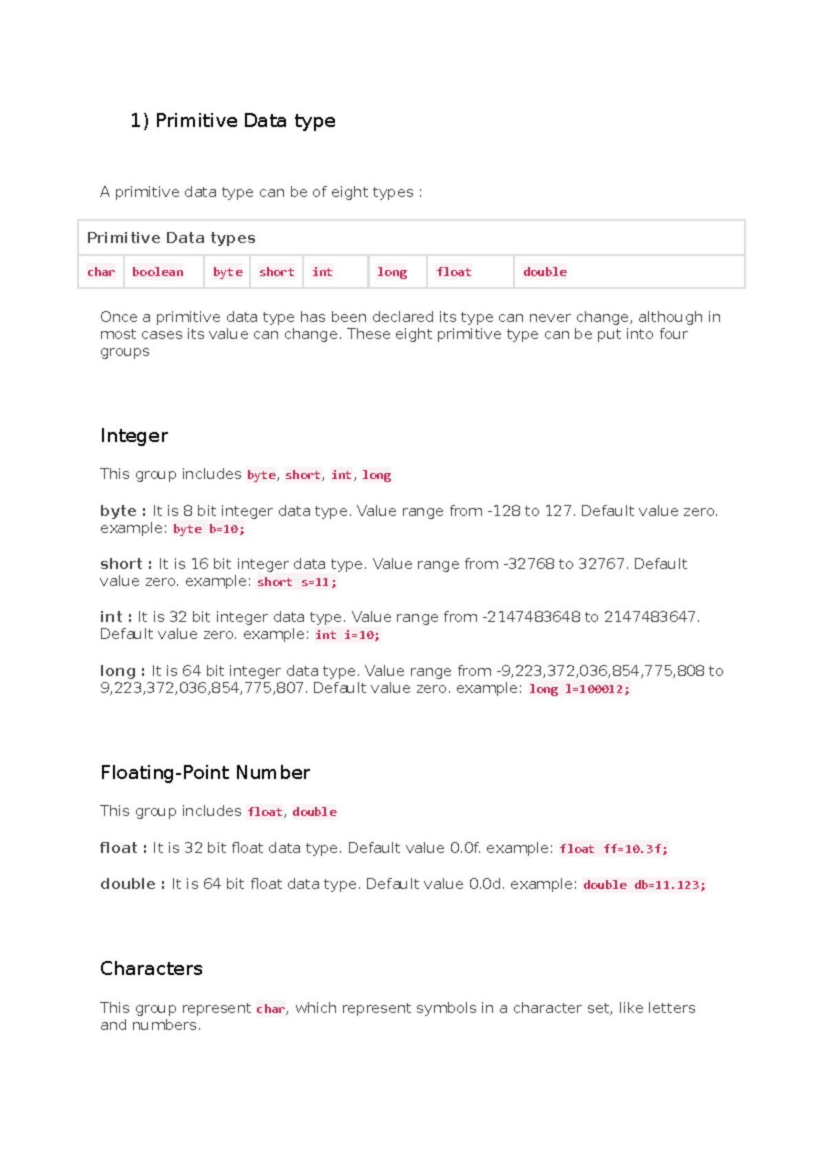 Java note 1 - Farseena. P. F - 1) Primitive Data type A primitive data type can be of eight ...