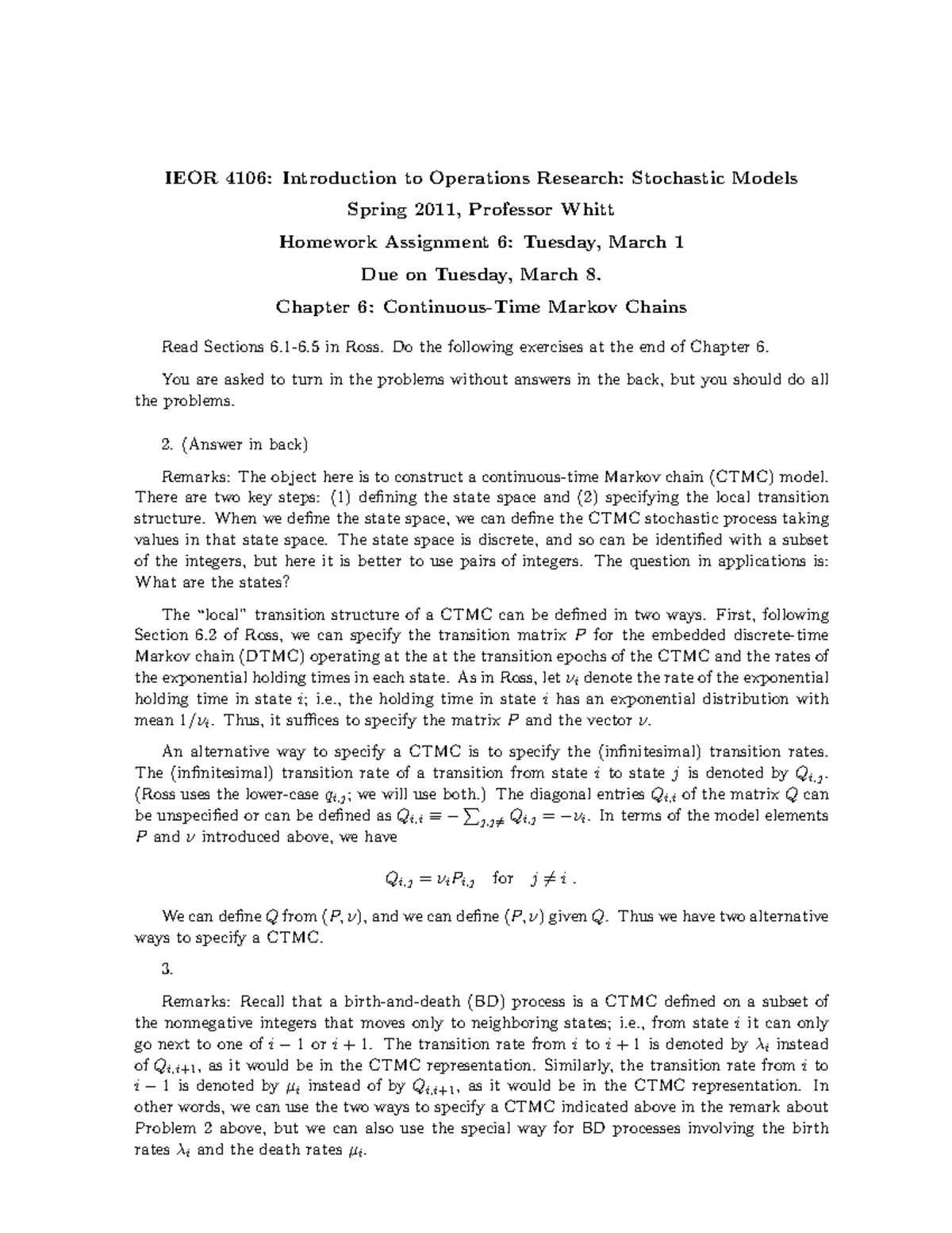 Homewk 6 - stokastik models - IEOR 4106: Introduction to Operations ...