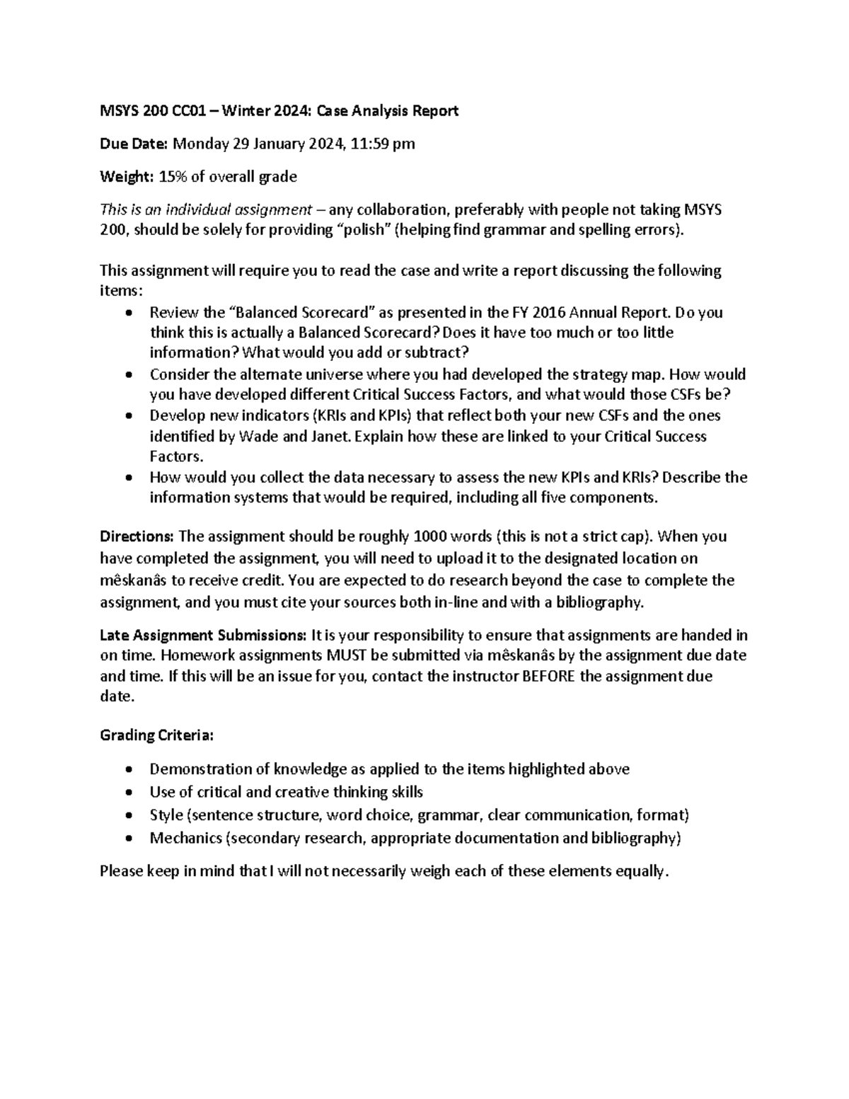 Case Analysis Report Assignment Guidelines - W24 - MSYS 20 0 CC0 1 ...
