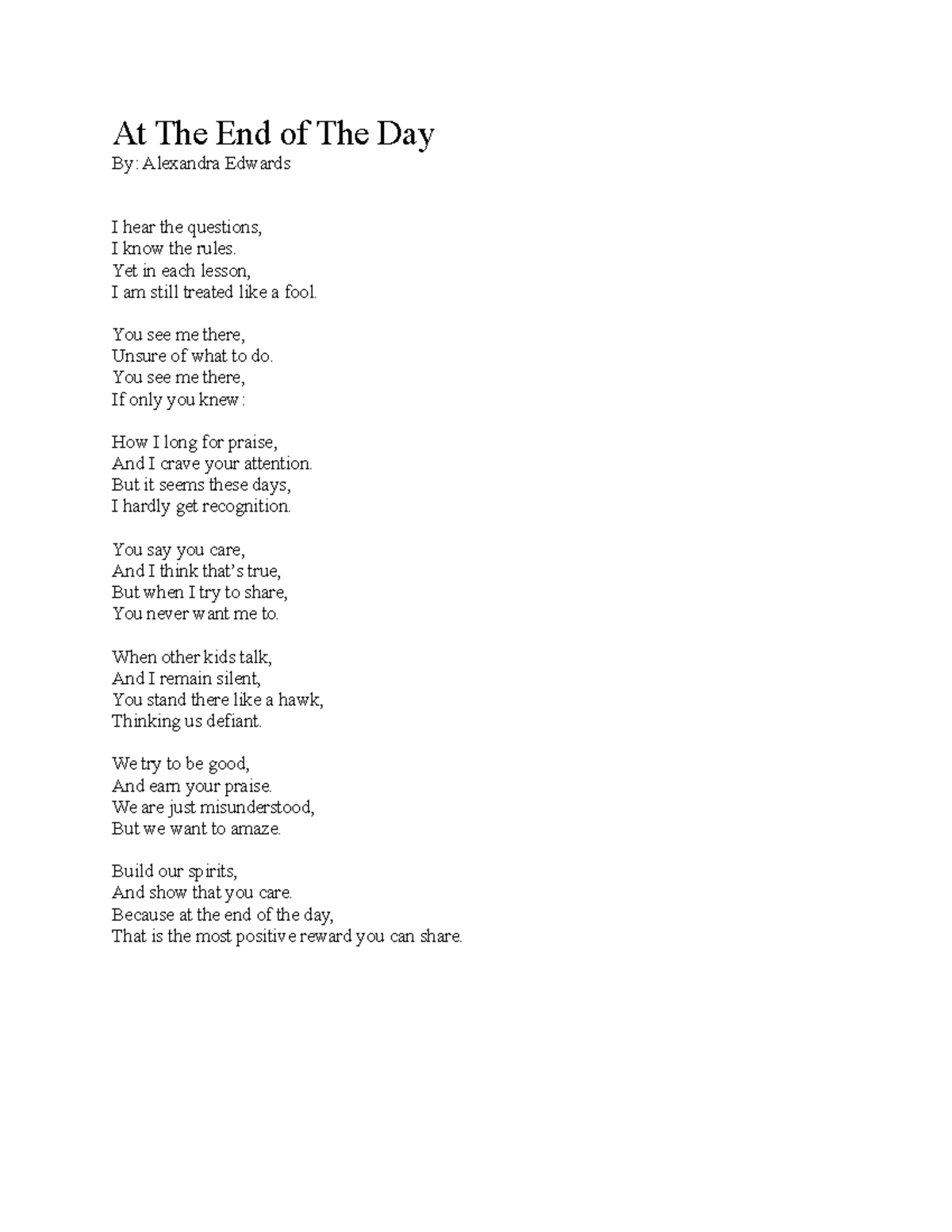 At The End of The Day Chapter 5 Poem Alexa Edwards EDUC 2130 - At The ...