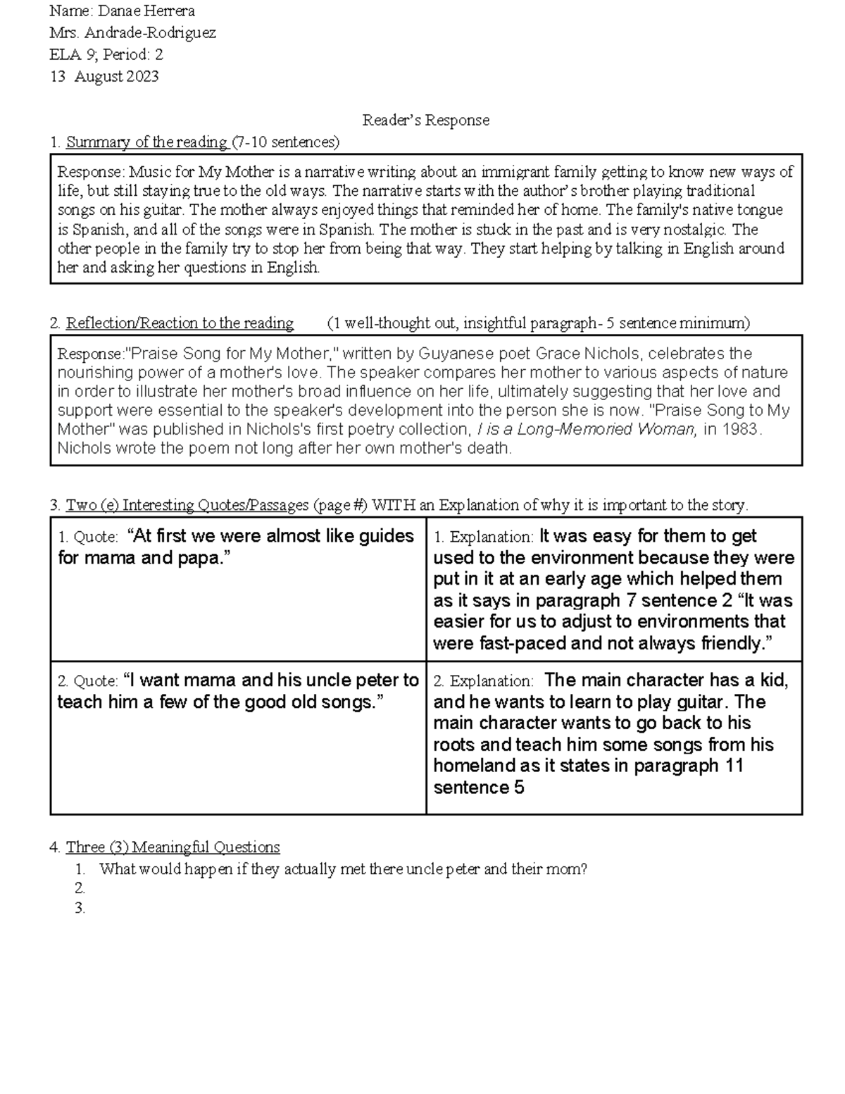 Copy of Reader's Response short story - Name: Danae Herrera Mrs ...
