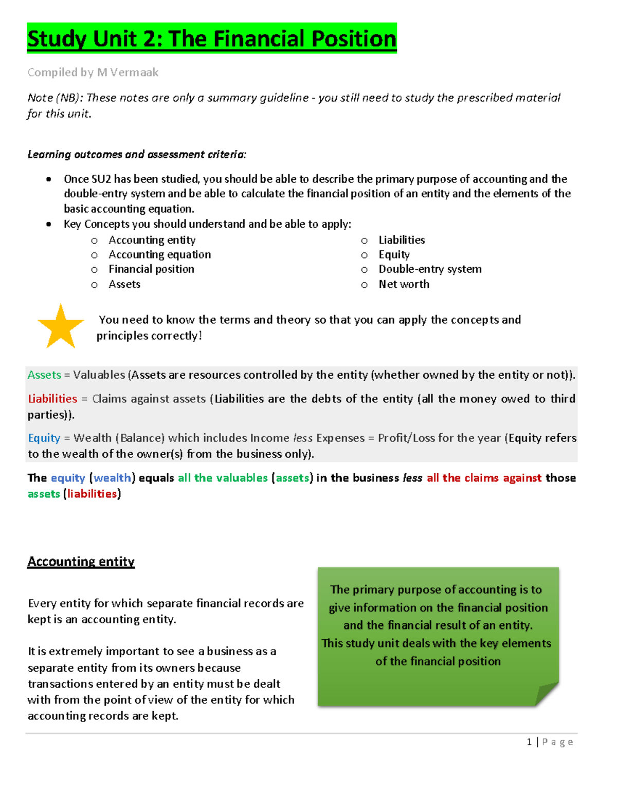 Summary Notes 2 - Study Unit 2 : The Financial Position Compiled by M ...