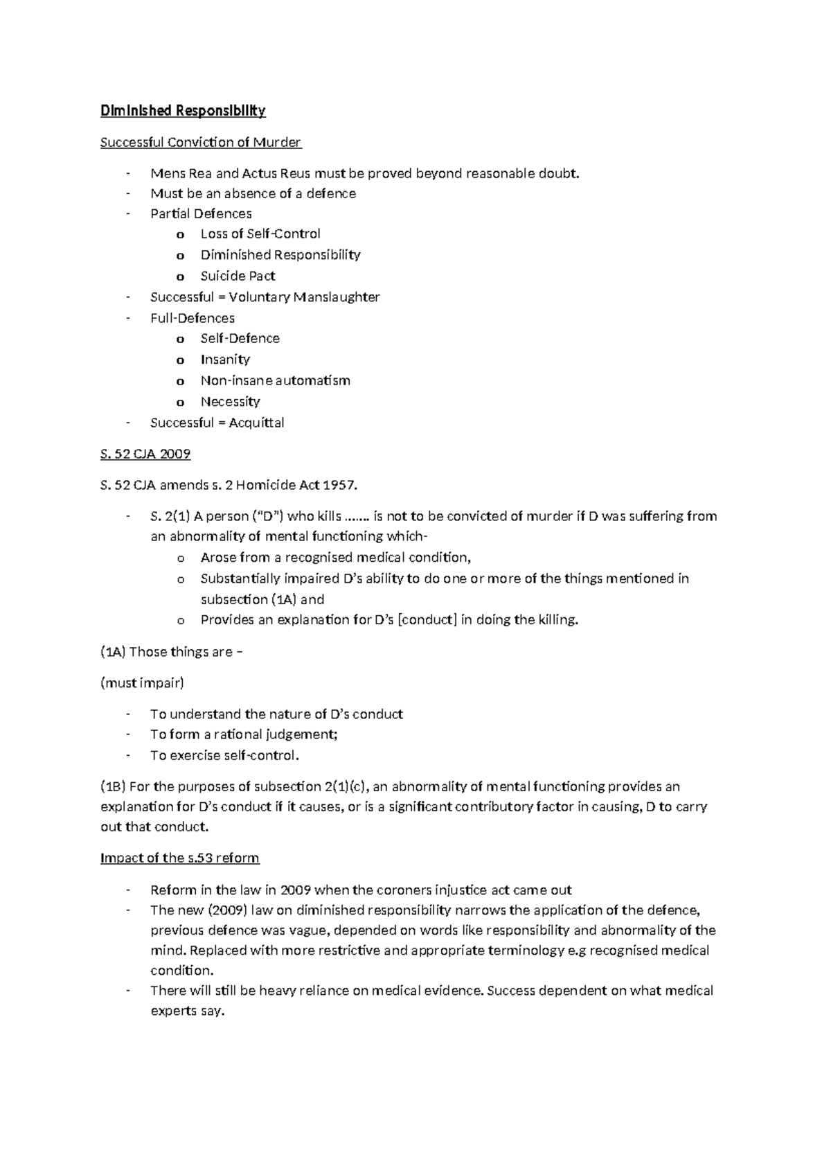 Diminished Responsibility - Diminished Responsibility Successful Conviction of Murder - Mens Rea ...