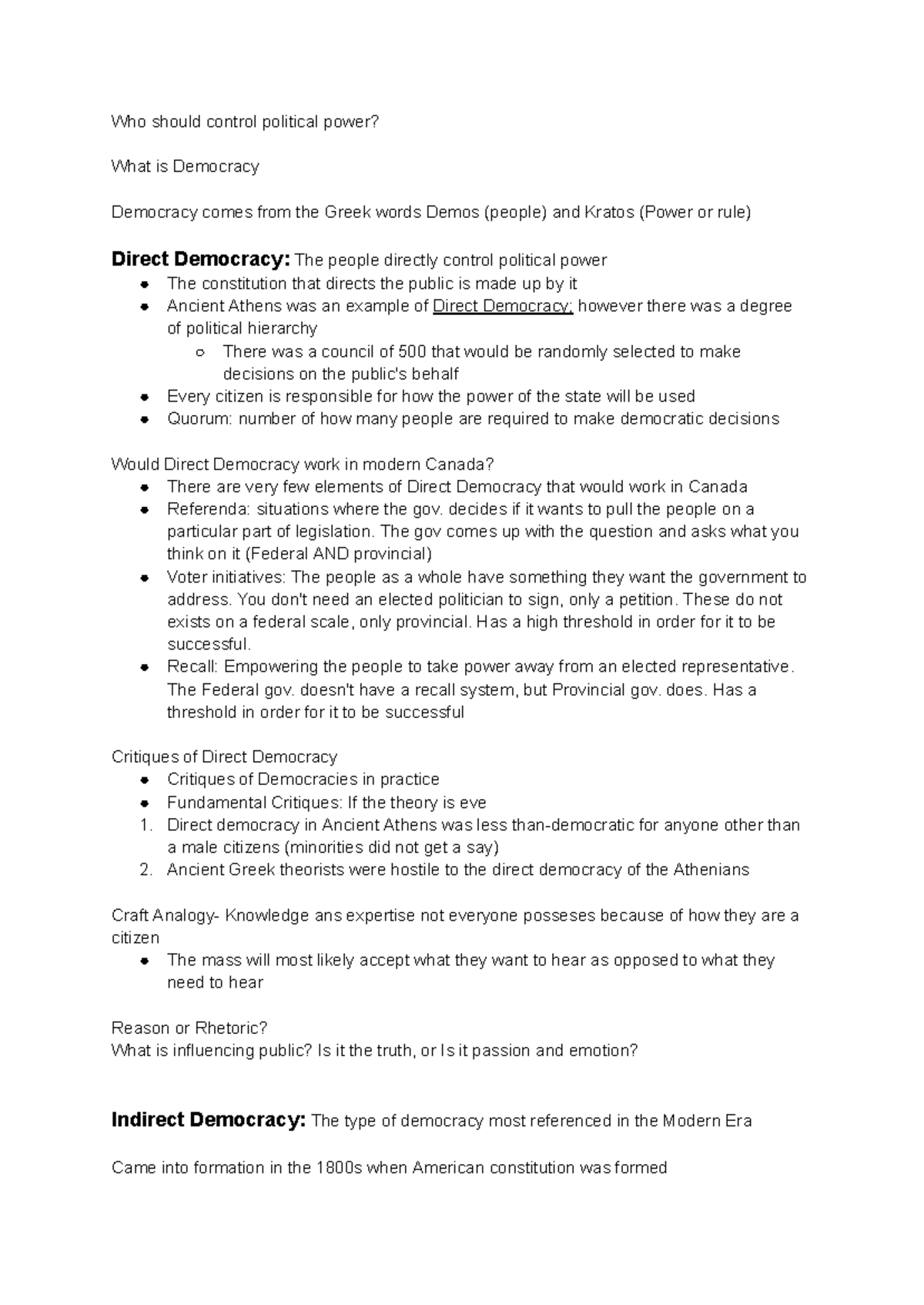 Polisci 1AA3 Democracy Notes - Who should control political power? What ...