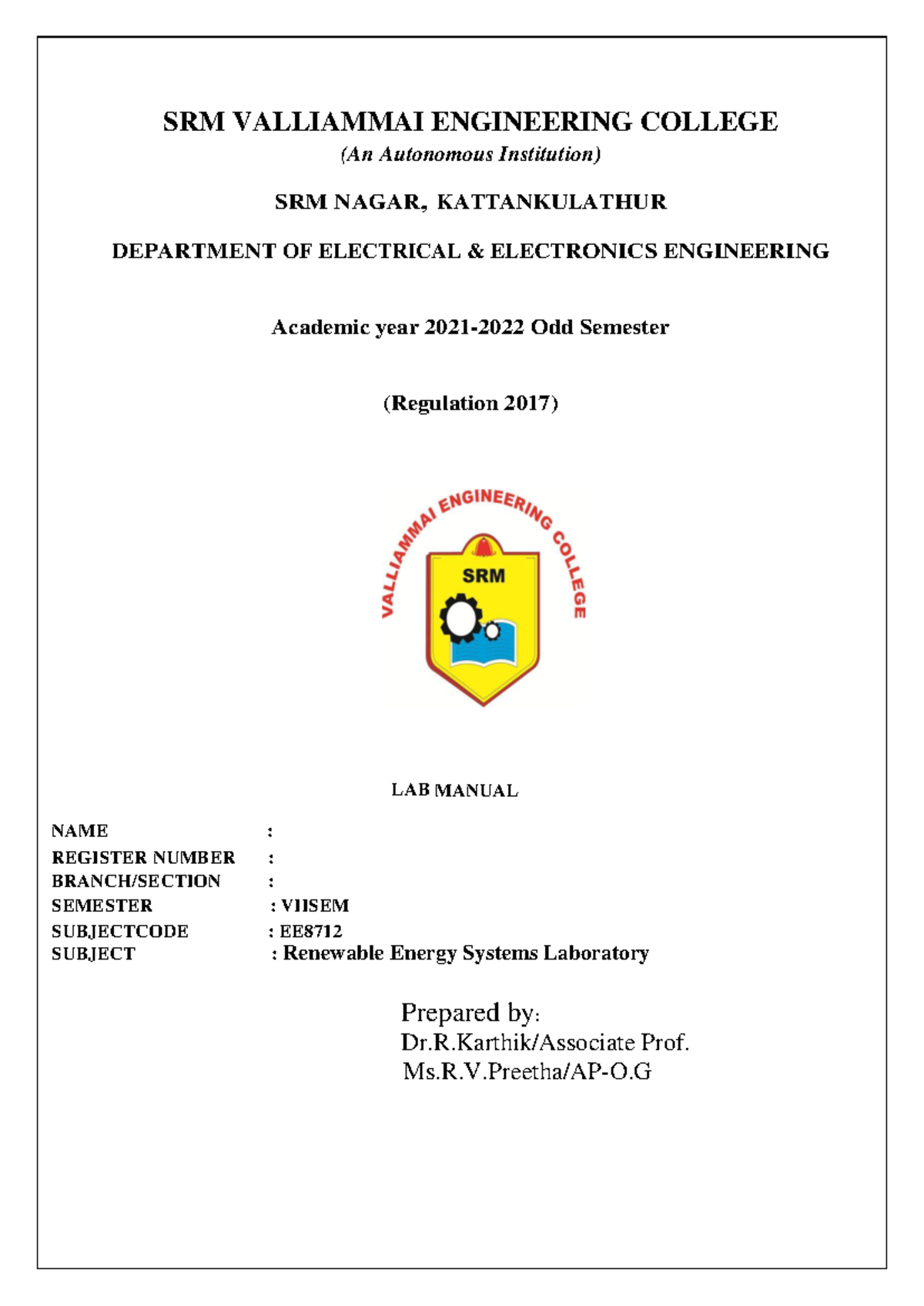 Renewable Energy Systems Lab Manual - SRM VALLIAMMAI ENGINEERING ...