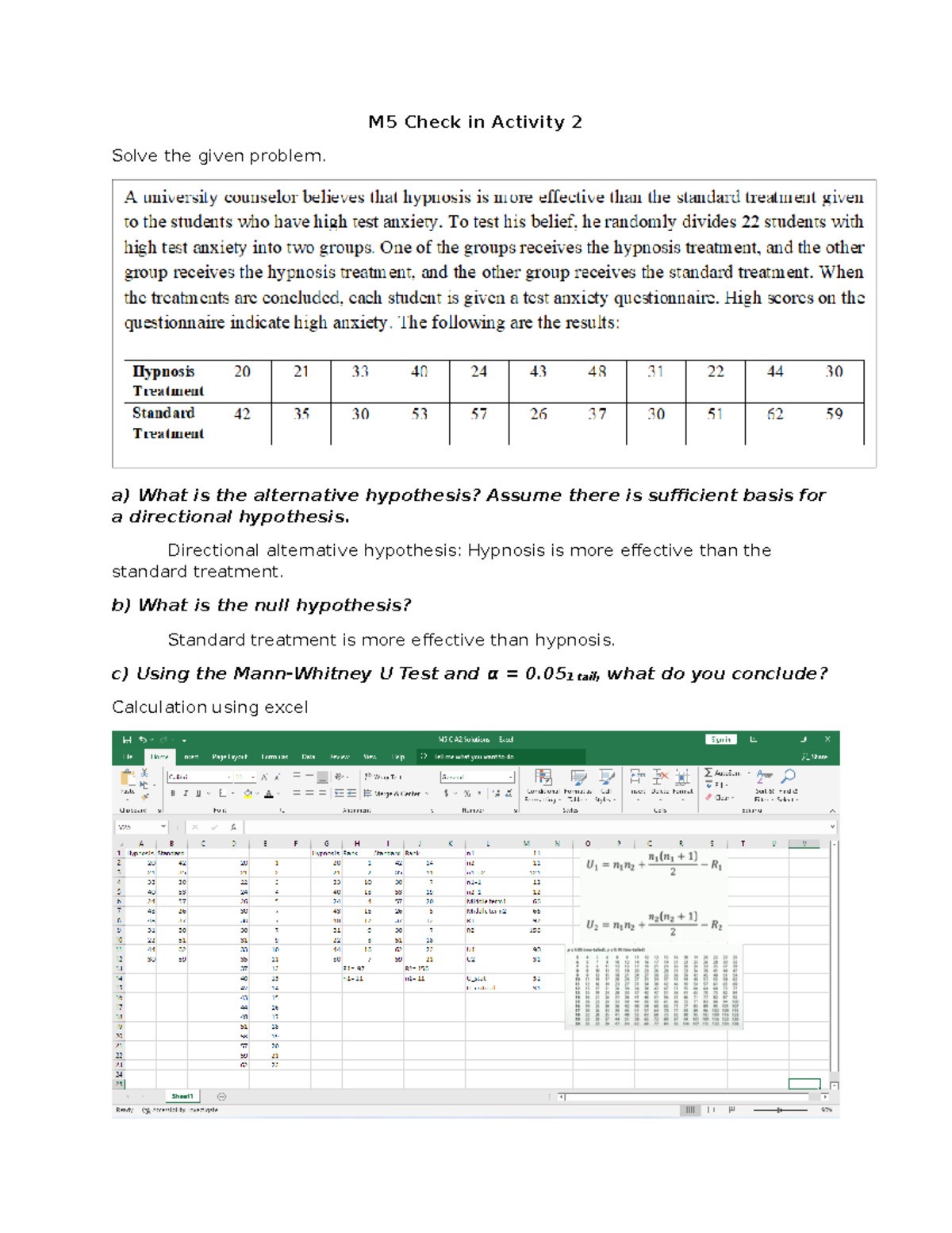 M5 Check in Activity 2 - a) What is the alternative hypothesis? Assume ...