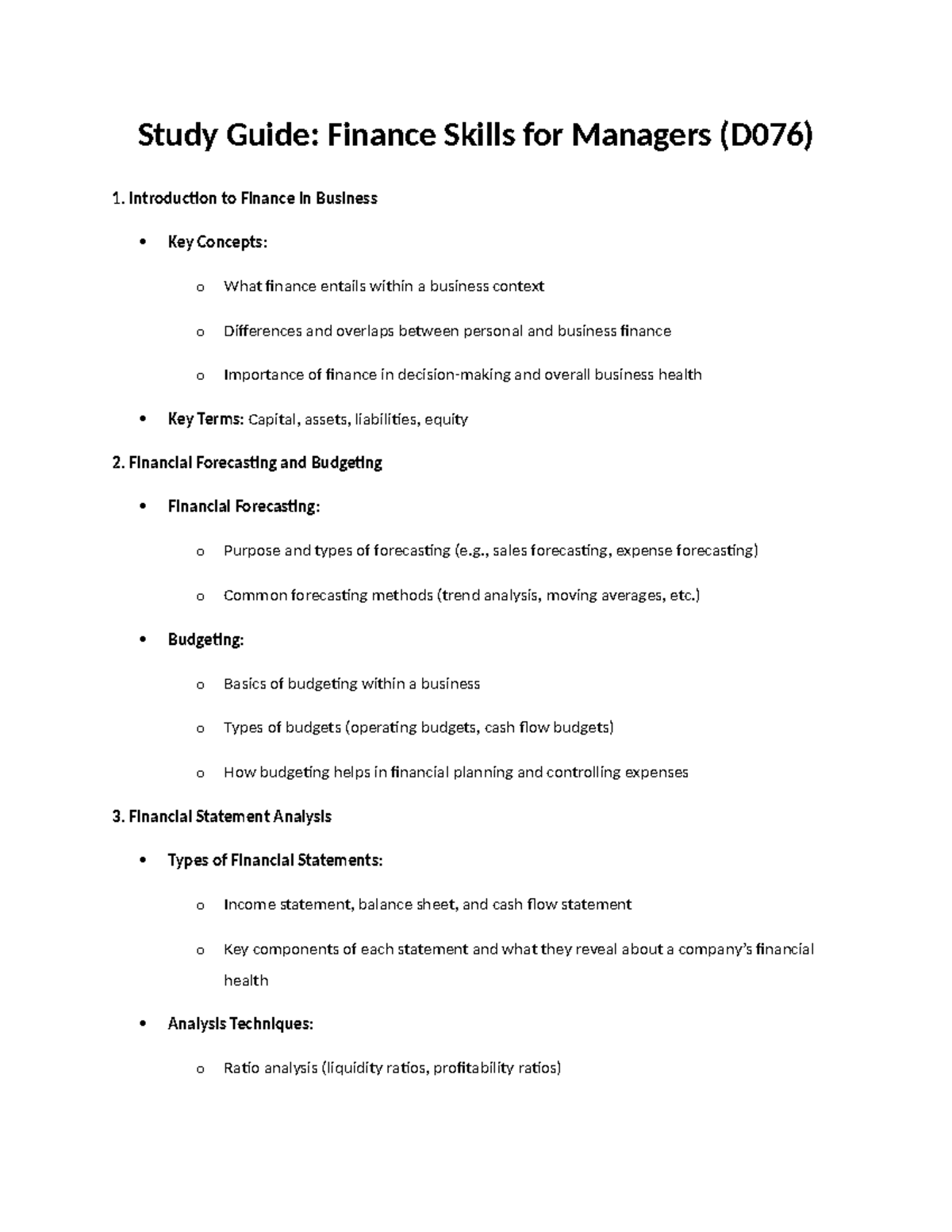 Study Guide - D076 - Study Guide: Finance Skills for Managers (D076) 1 ...