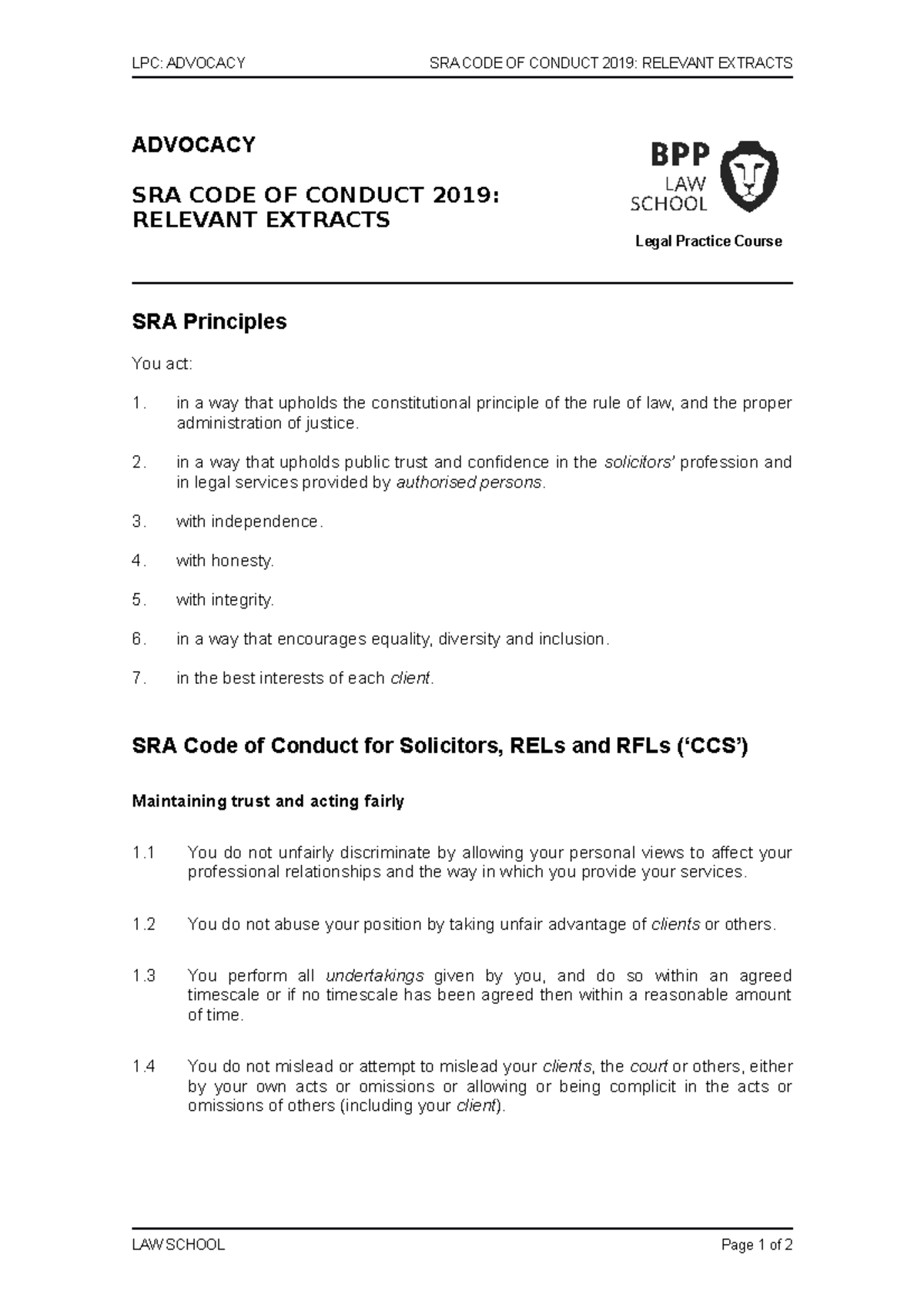 LPC Advocacy Online Session SRA Code of Conduct 2019 Extracts - LPC ...