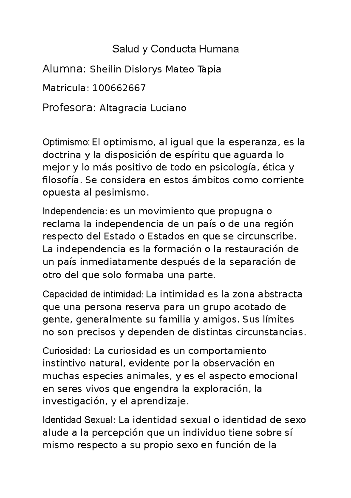 Salud y Conducta Humana - Salud y Conducta Humana Alumna: Sheilin ...